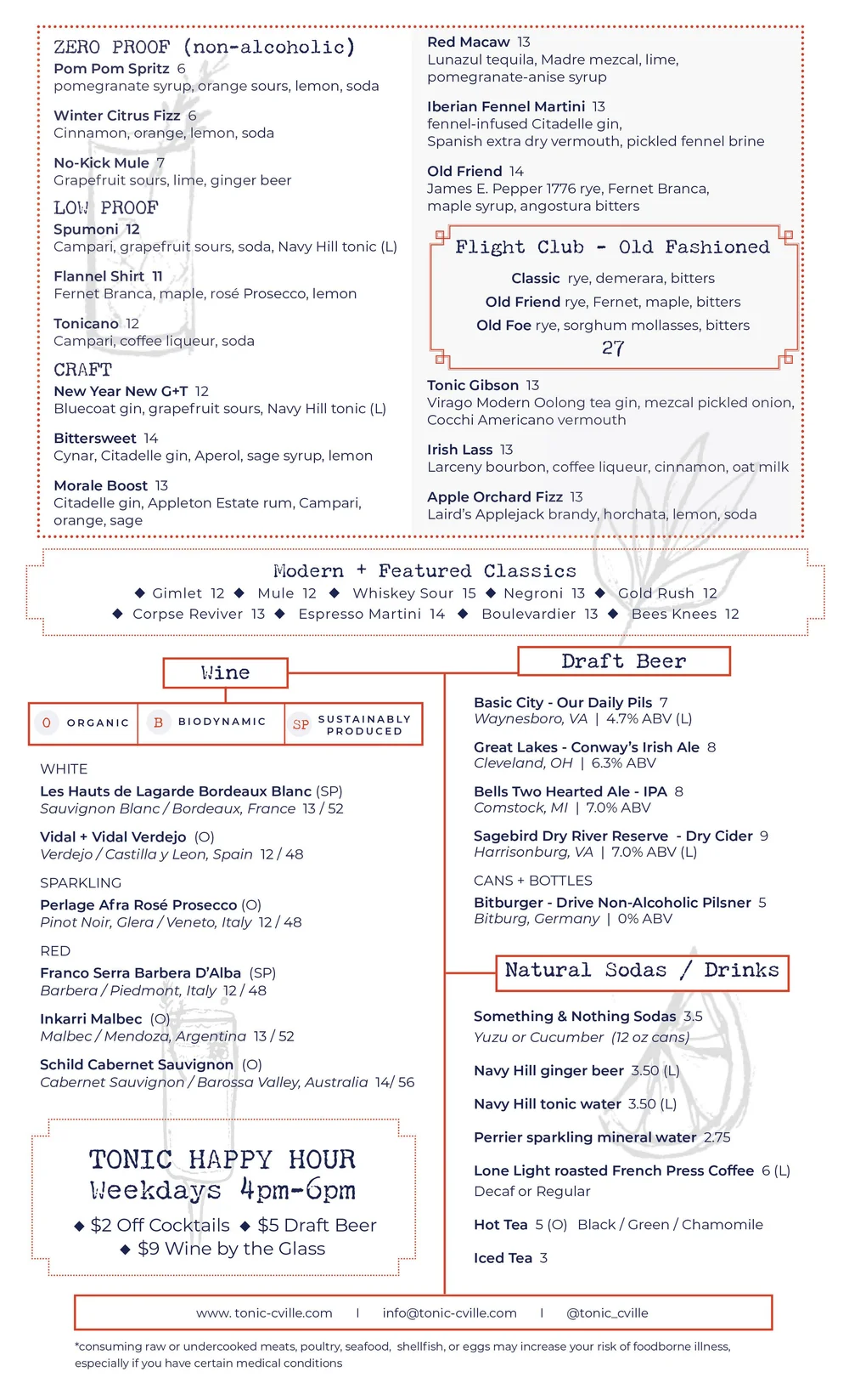 food and drink menu — TONIC