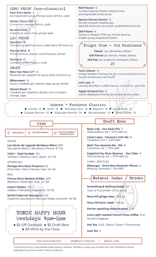 food and drink menu — TONIC