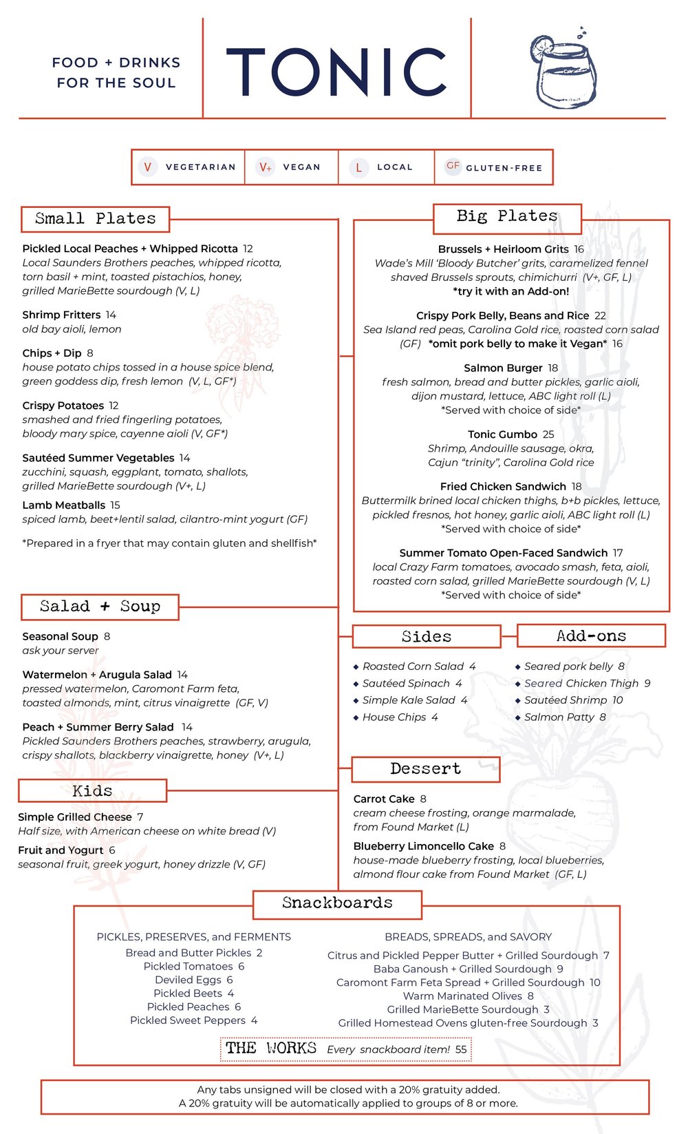 food and drink menu — TONIC