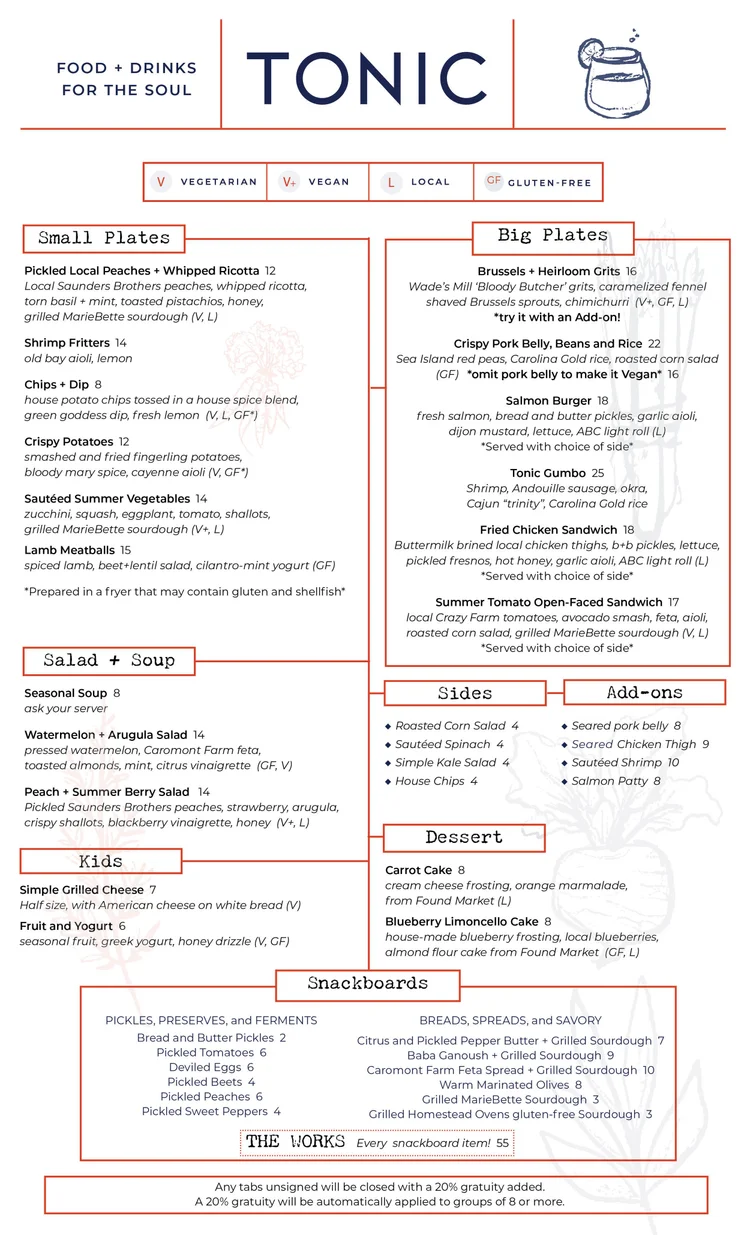 food and drink menu — TONIC