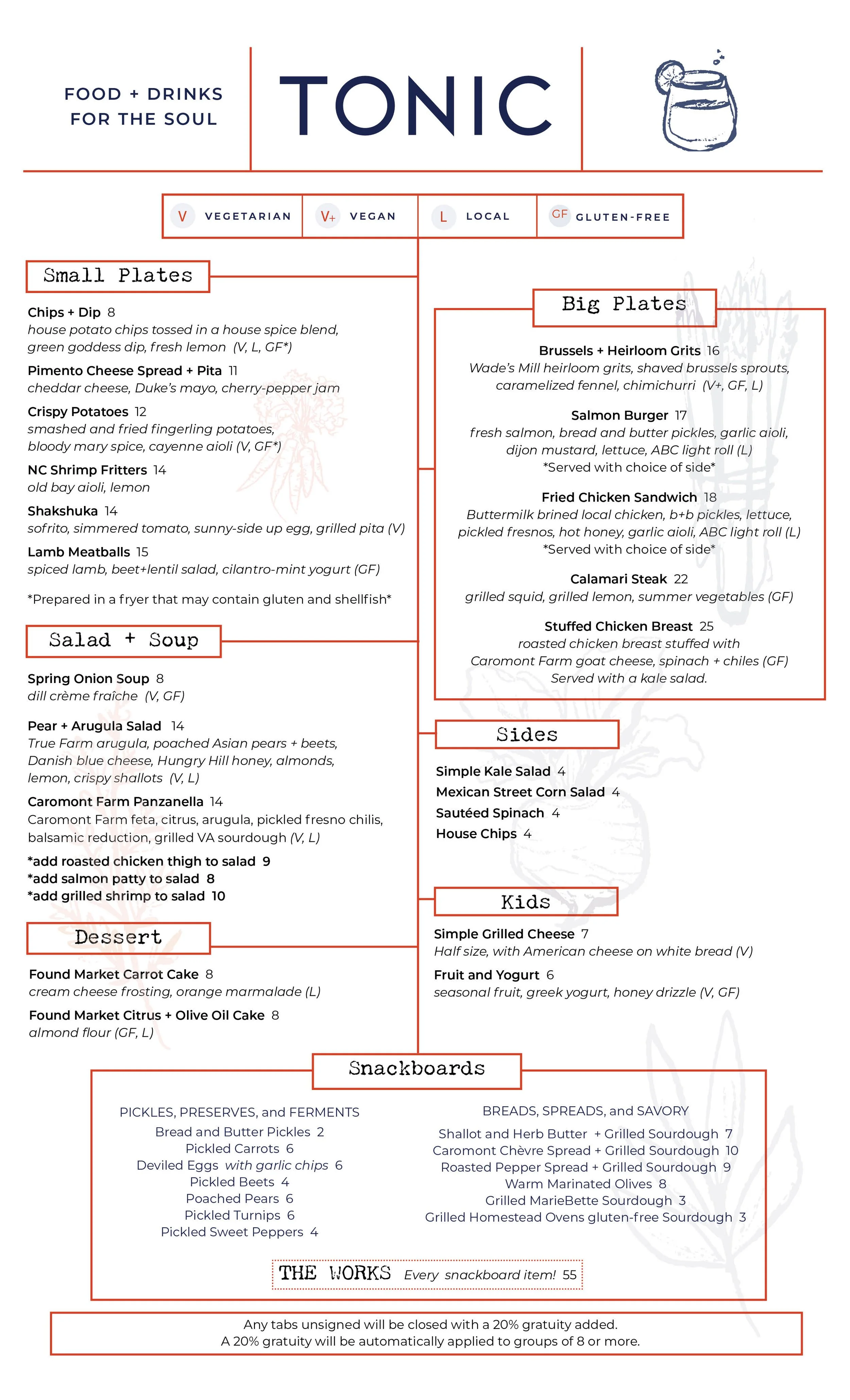 food and drink menu — TONIC