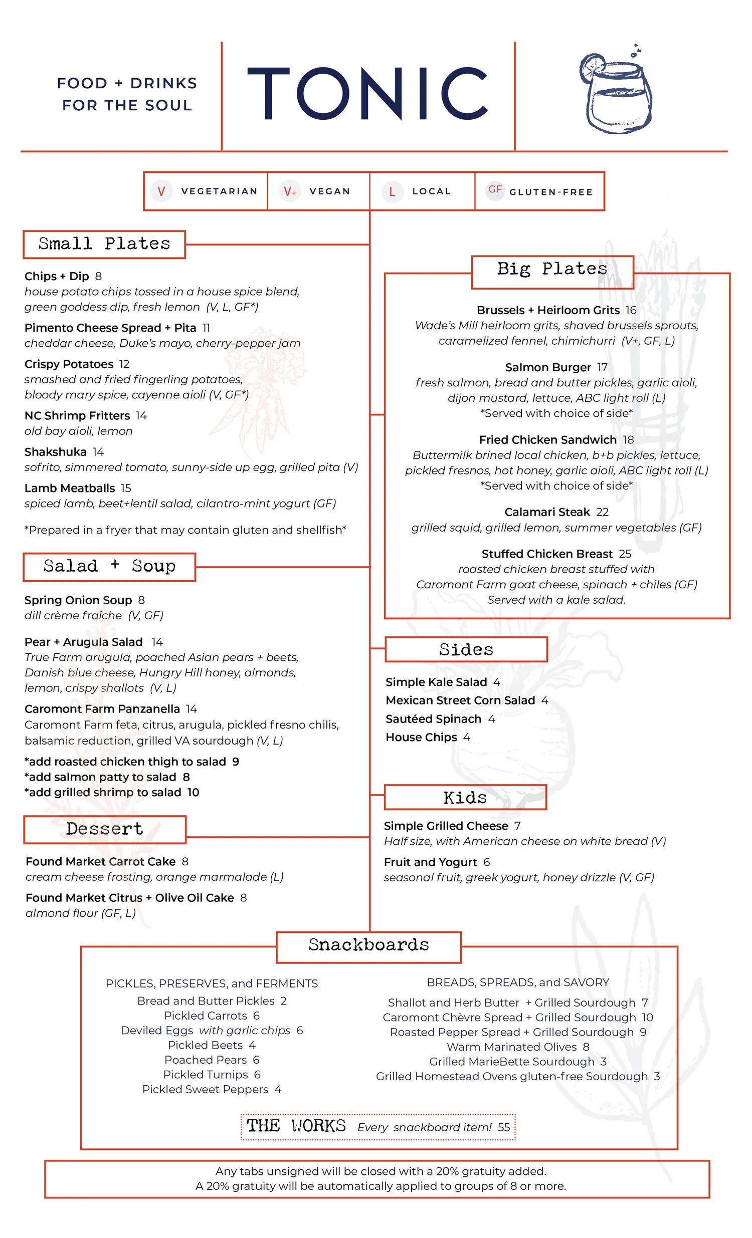 food and drink menu — TONIC