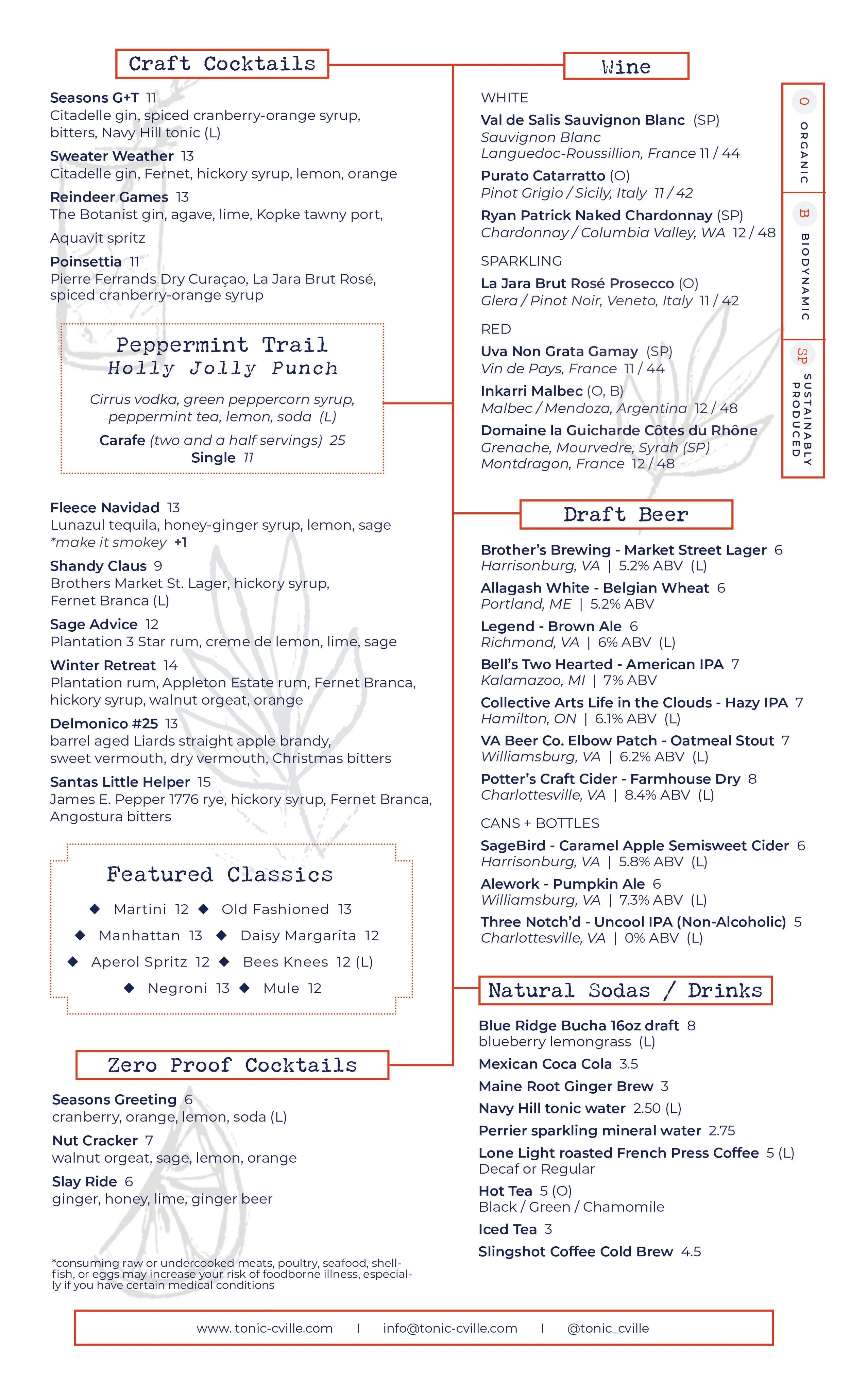 food and drink menu — TONIC