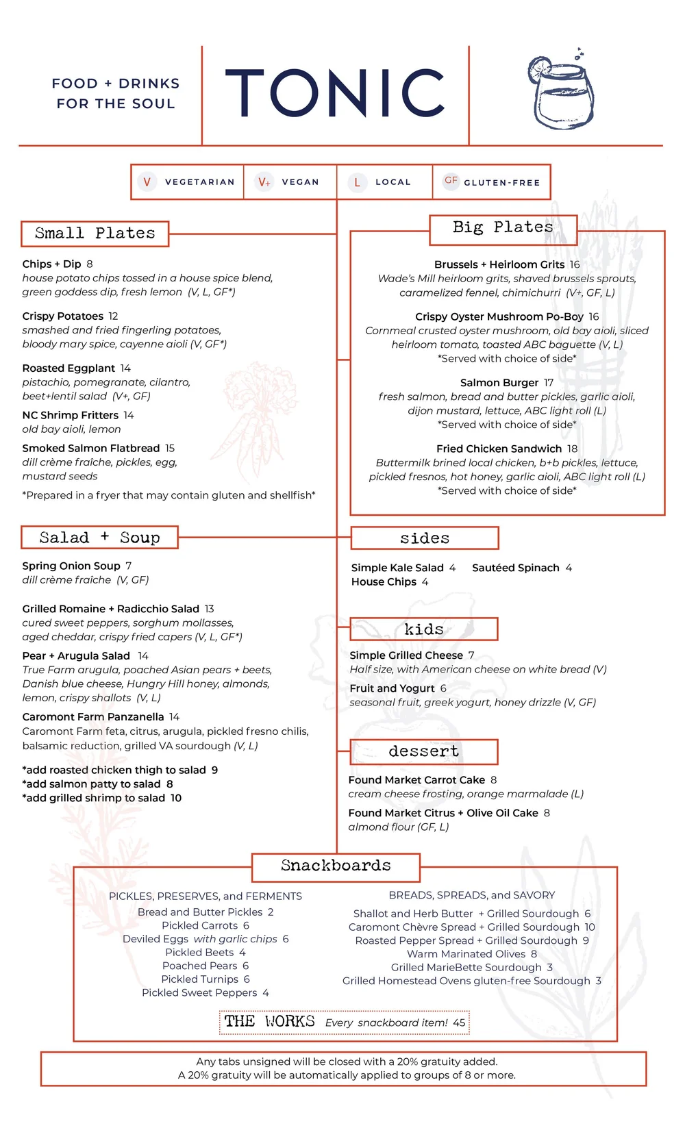 food and drink menu — TONIC