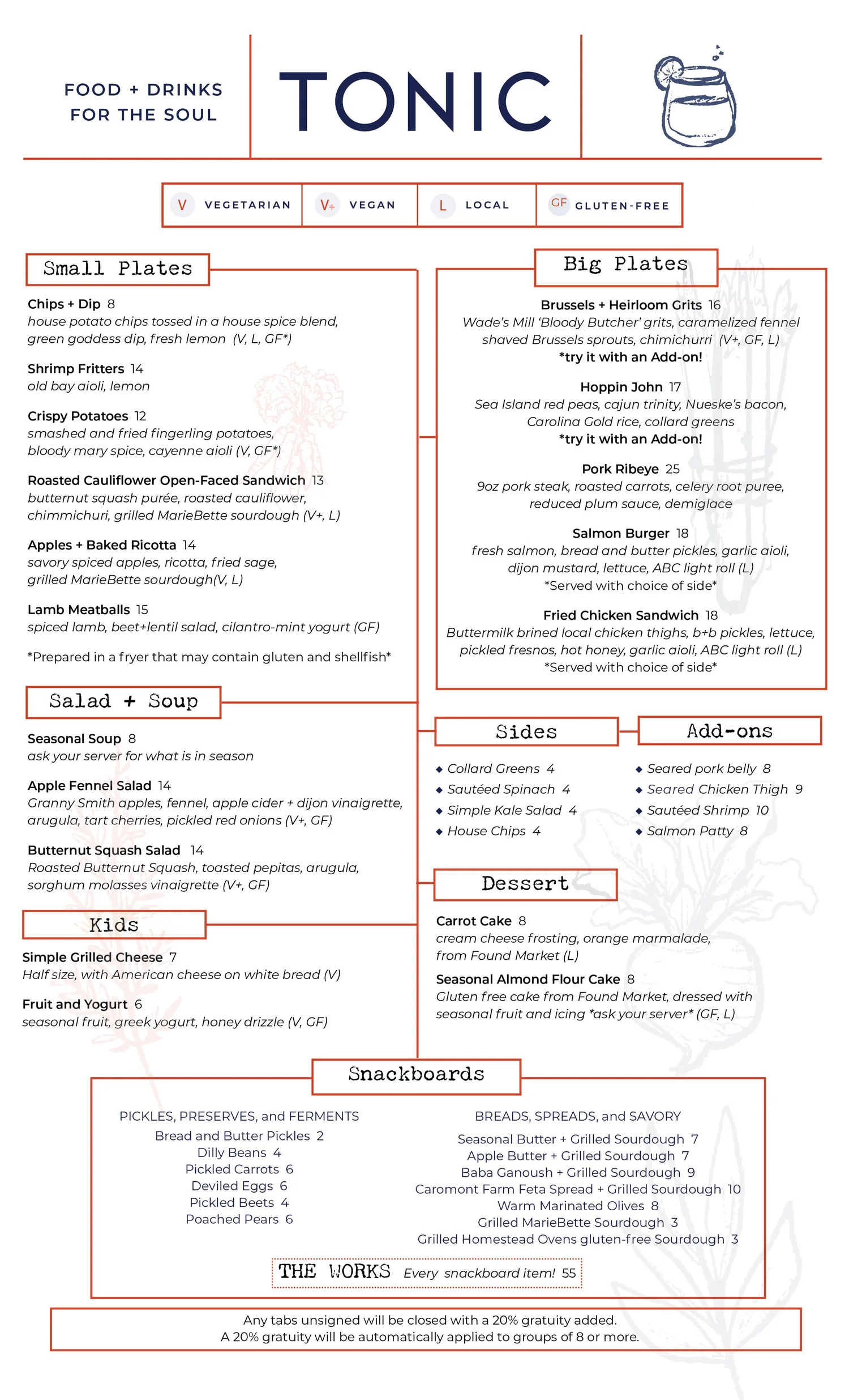 food and drink menu — TONIC