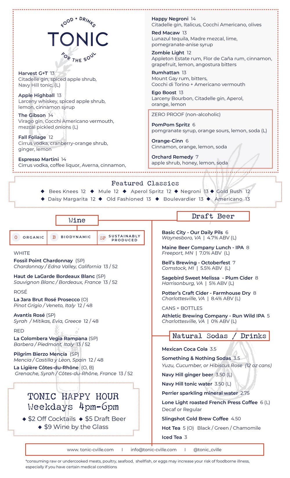 food and drink menu — TONIC