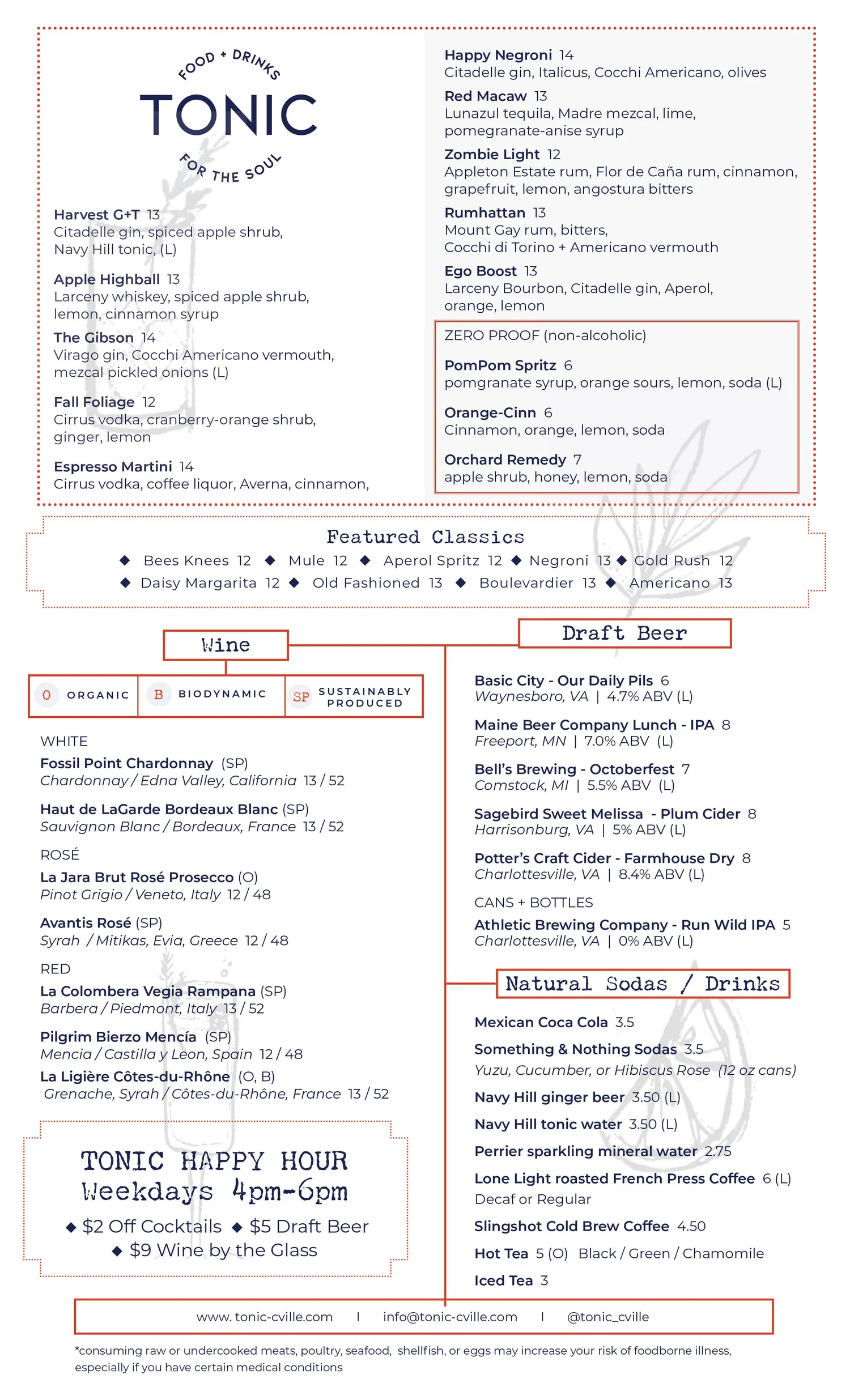 food and drink menu — TONIC