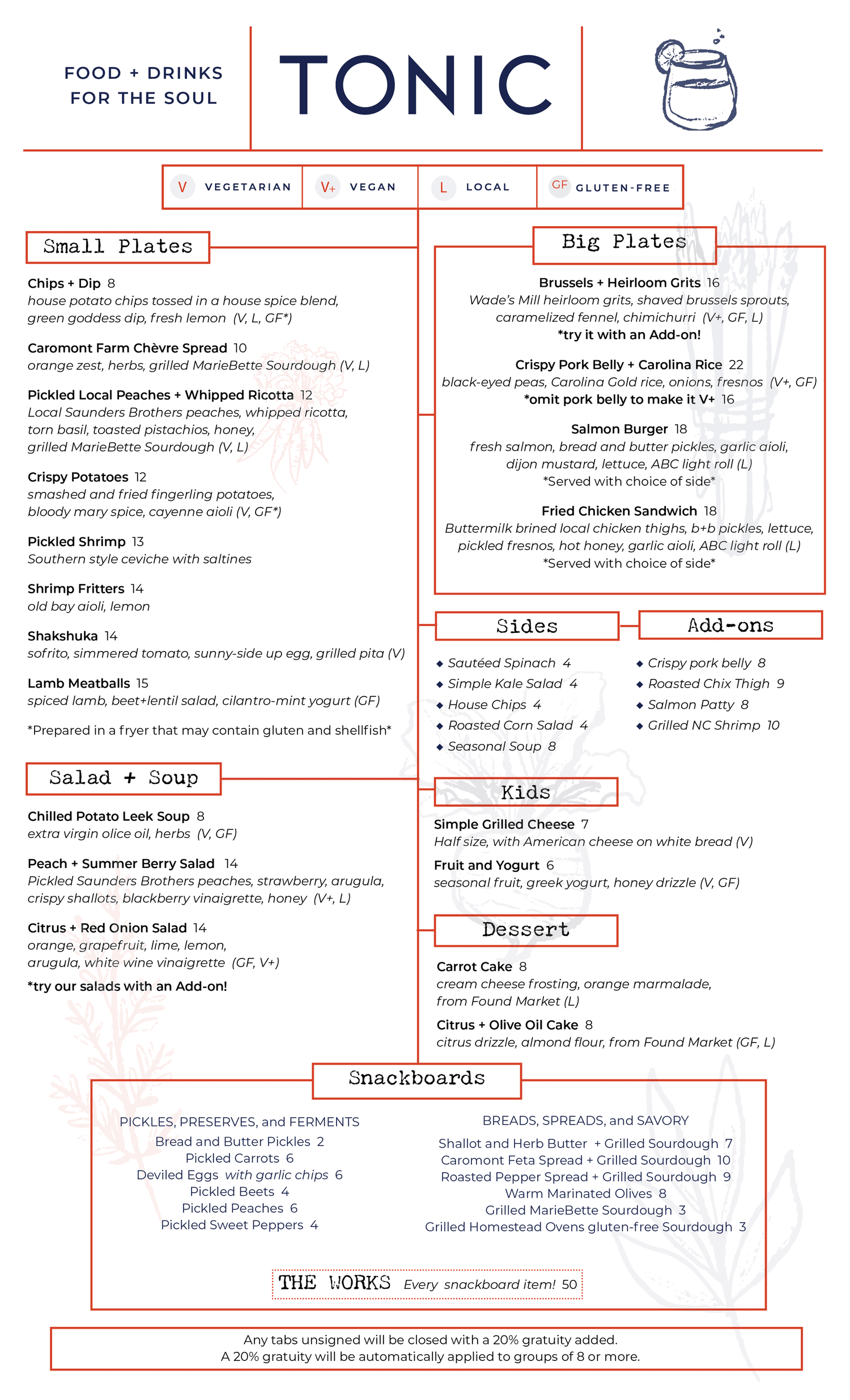 food and drink menu — TONIC