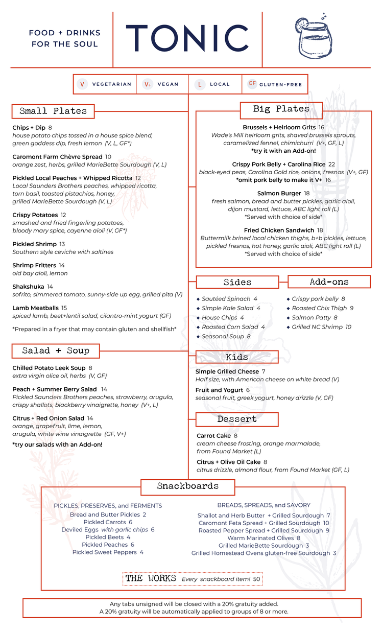 food and drink menu — TONIC