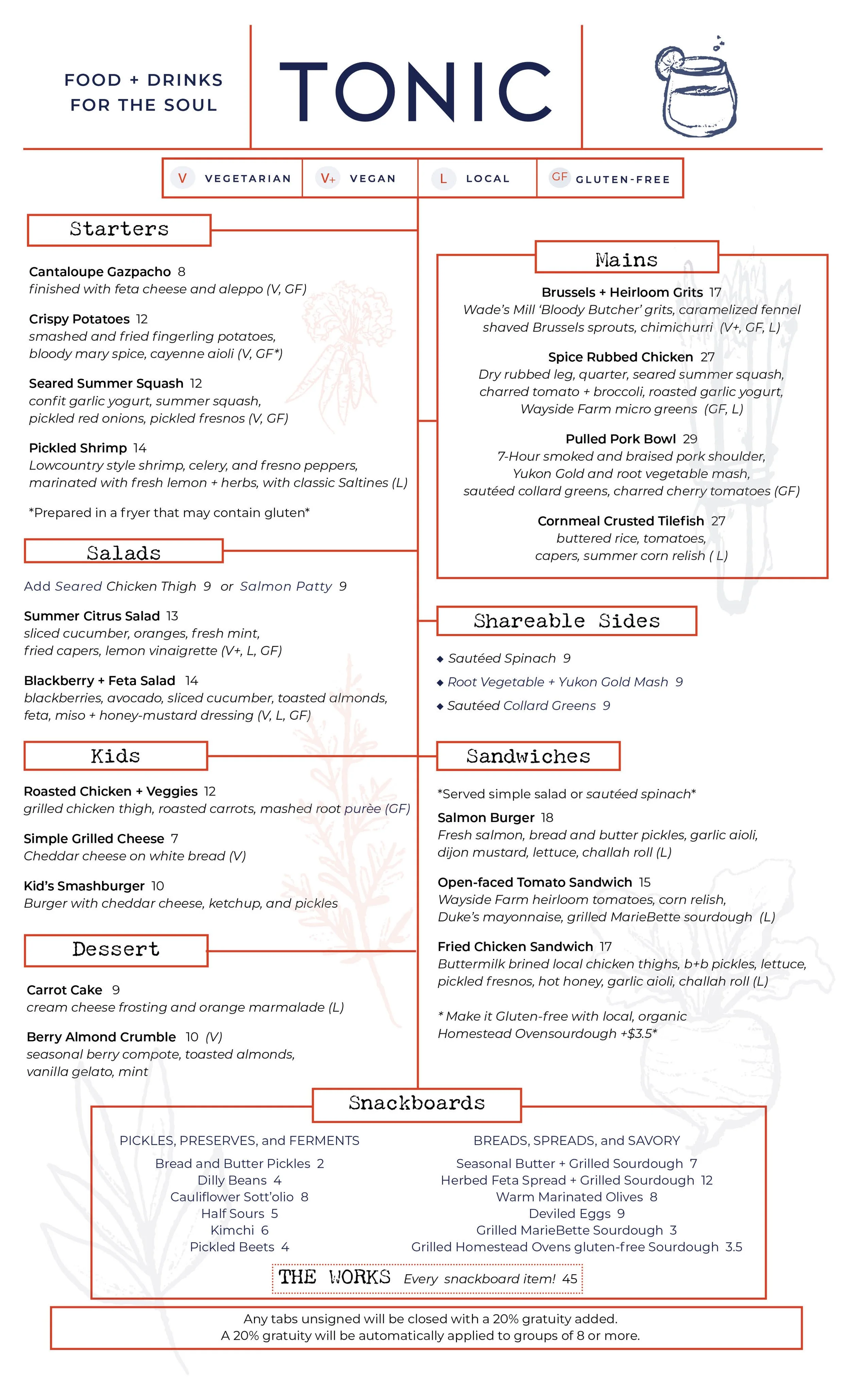 food and drink menu — TONIC