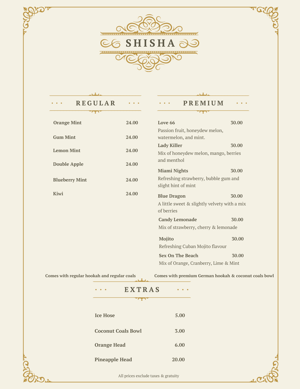 Authentic Greek Menu at Classic Cafe & Lounge | Drinks, Shisha Flavours ...