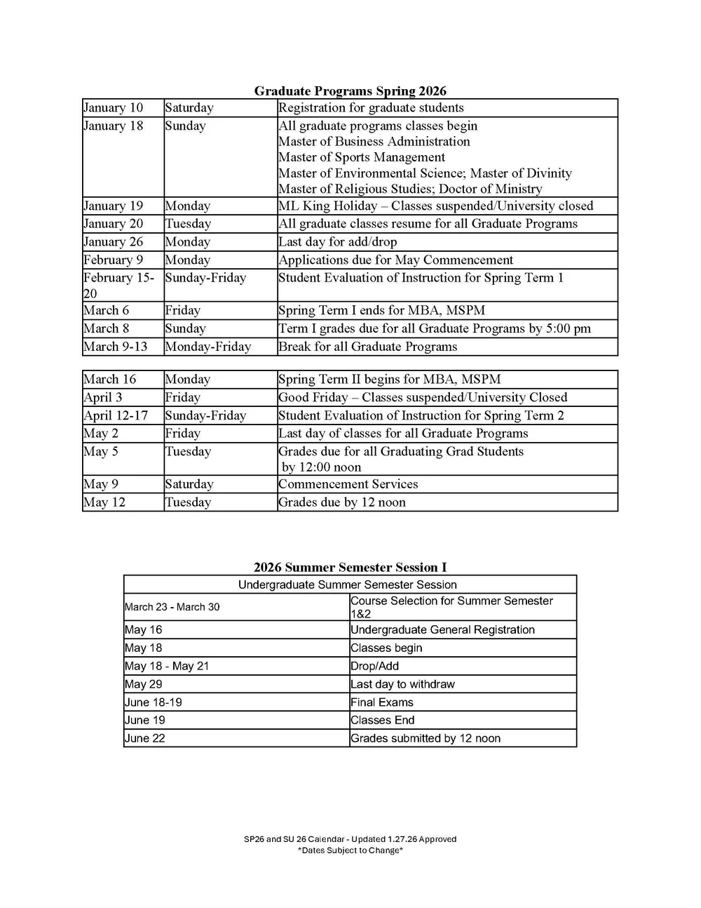 Academic Calendars — Allen University