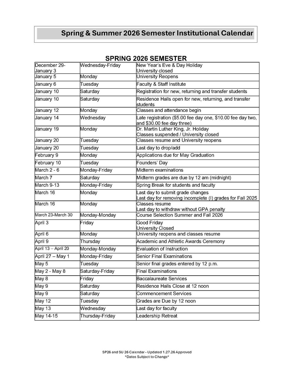 Academic Calendars — Allen University