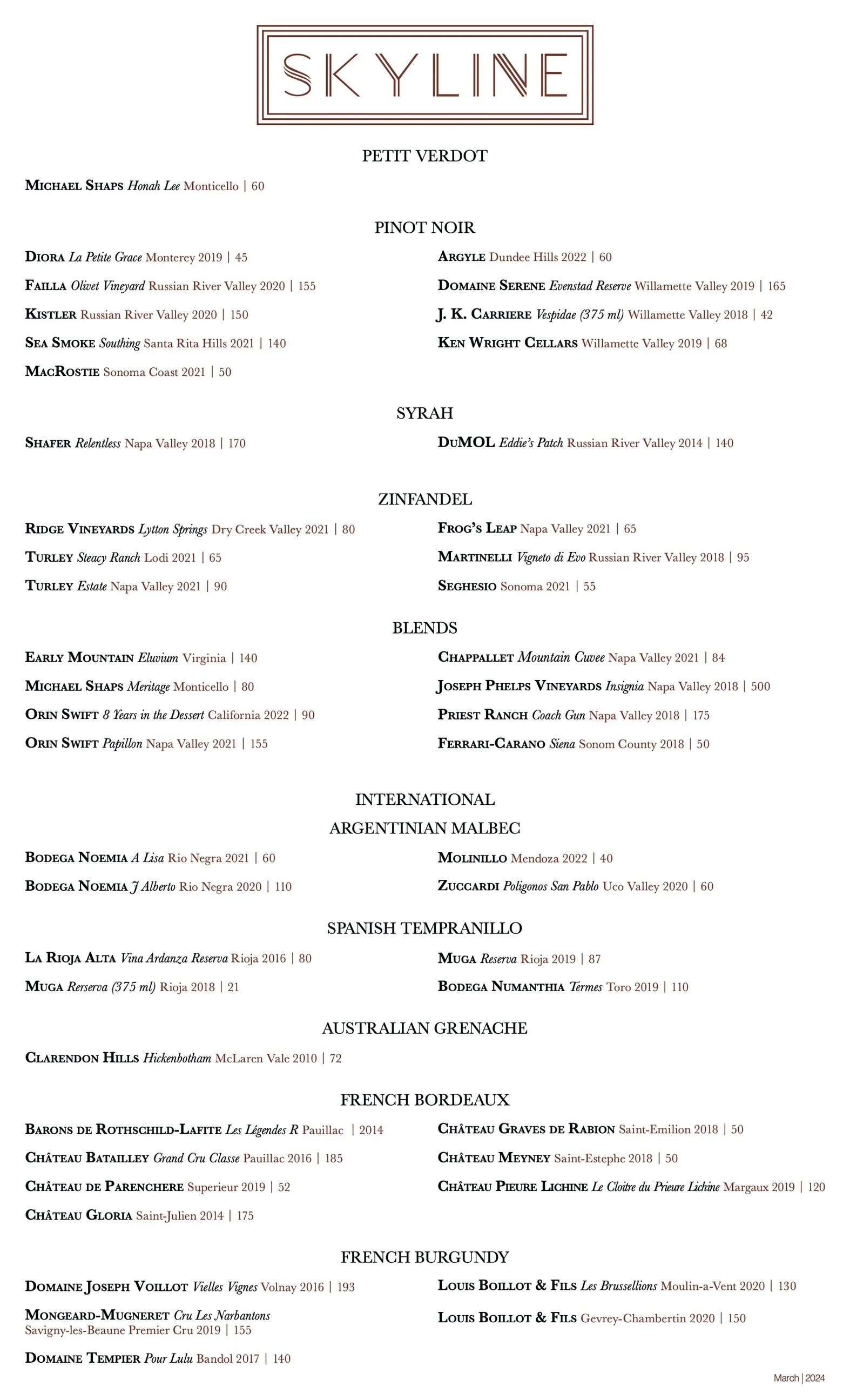 Wine List — Skyline