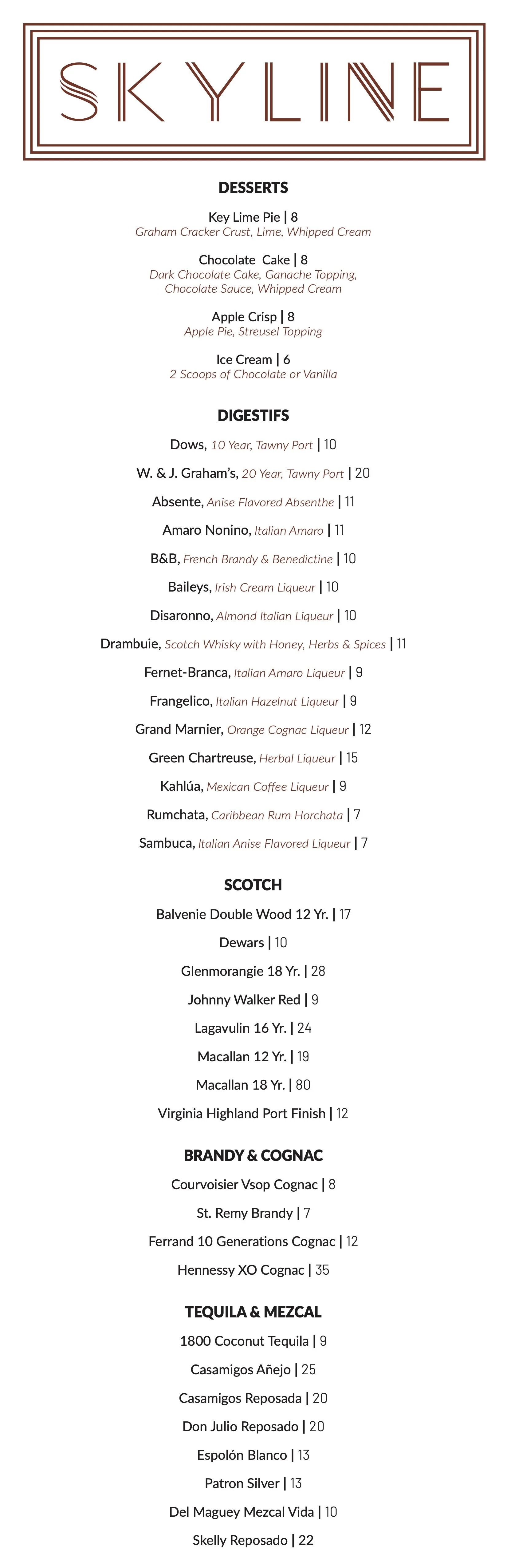 Skyline Restaurant Menu