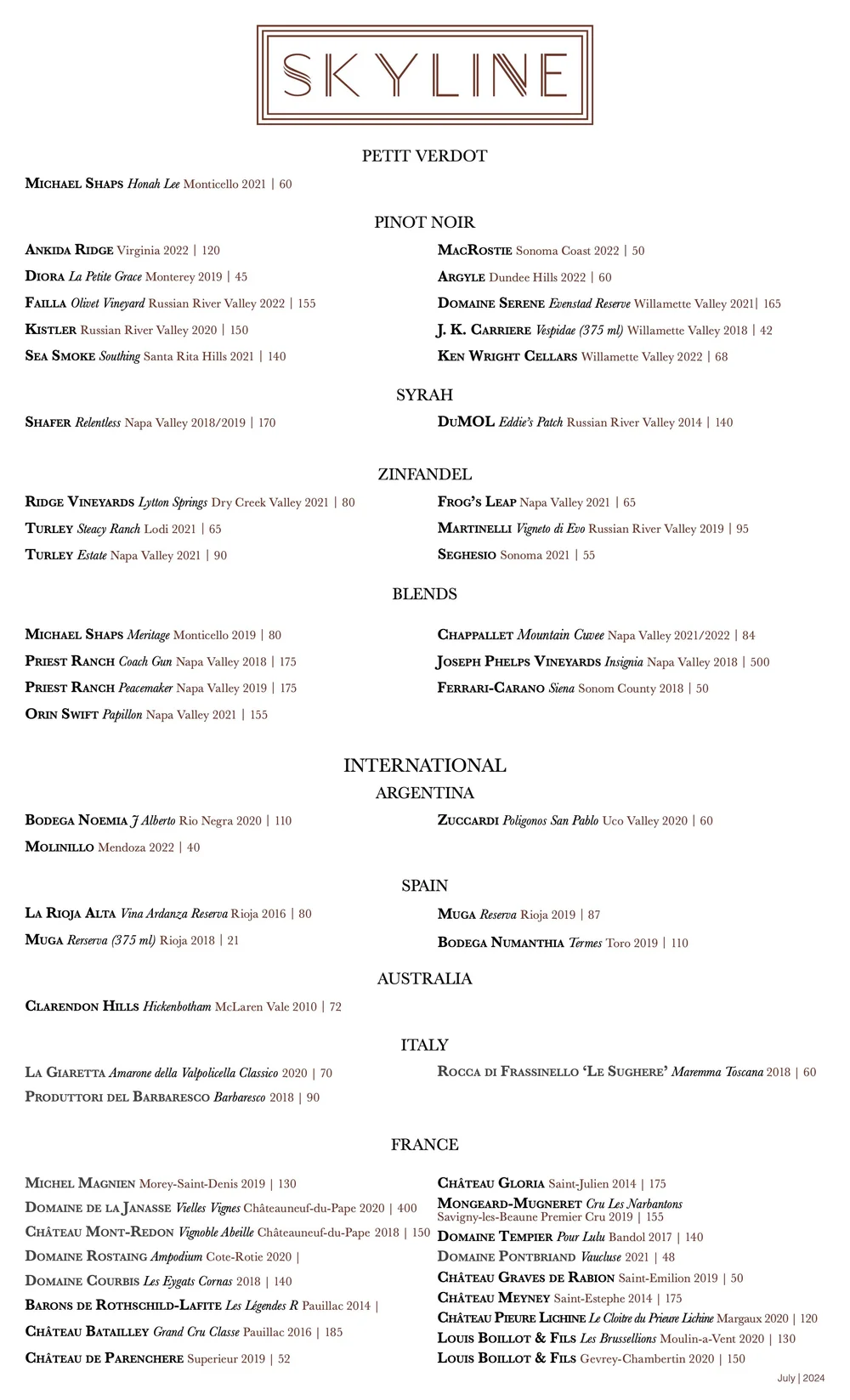 Wine List — Skyline