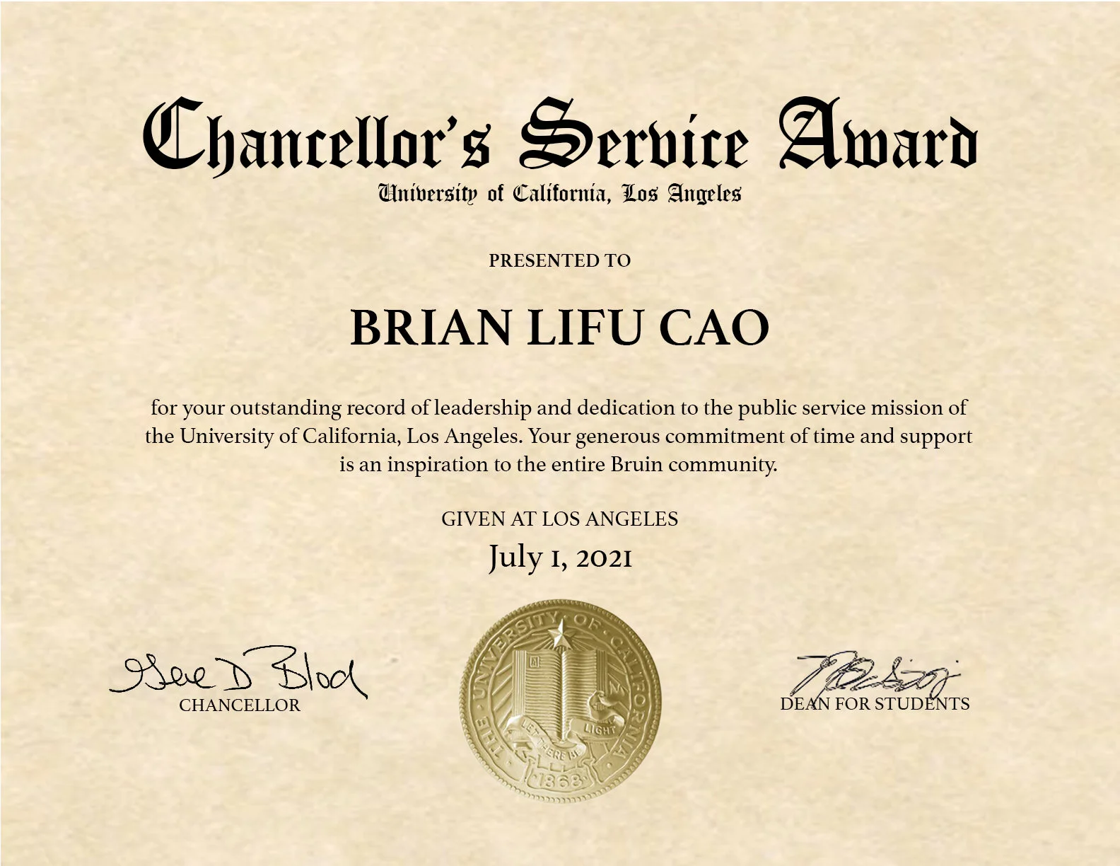 Chancellor's Service Award — Brian Cao — Everything You Need to Know