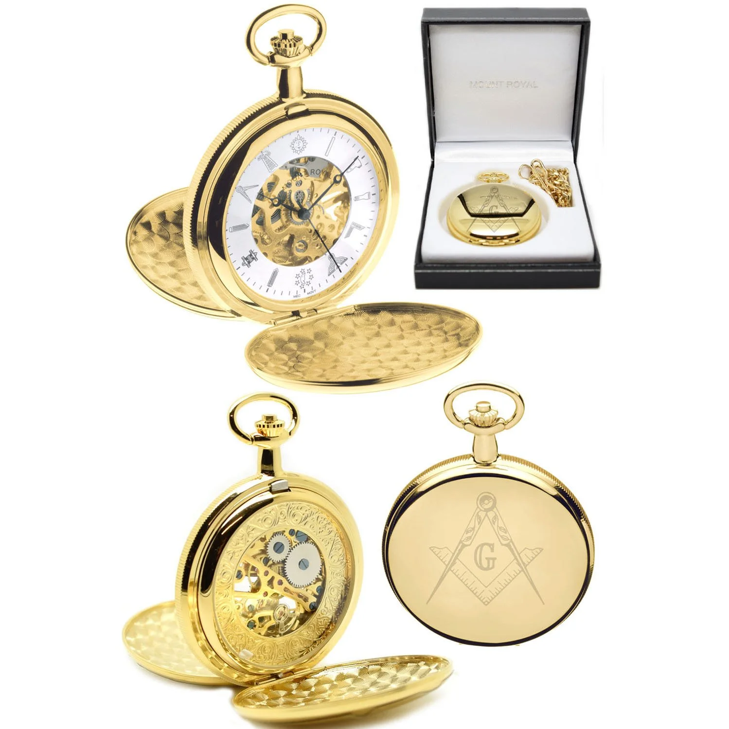 Mount Royal Twin Lid Skeleton Pocket Watch with Engraved Masonic Logo ...