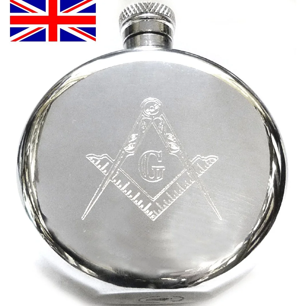 6oz Masonic Round English Pewter Hip Flask (fl242mas) — Harrison & Simmonds