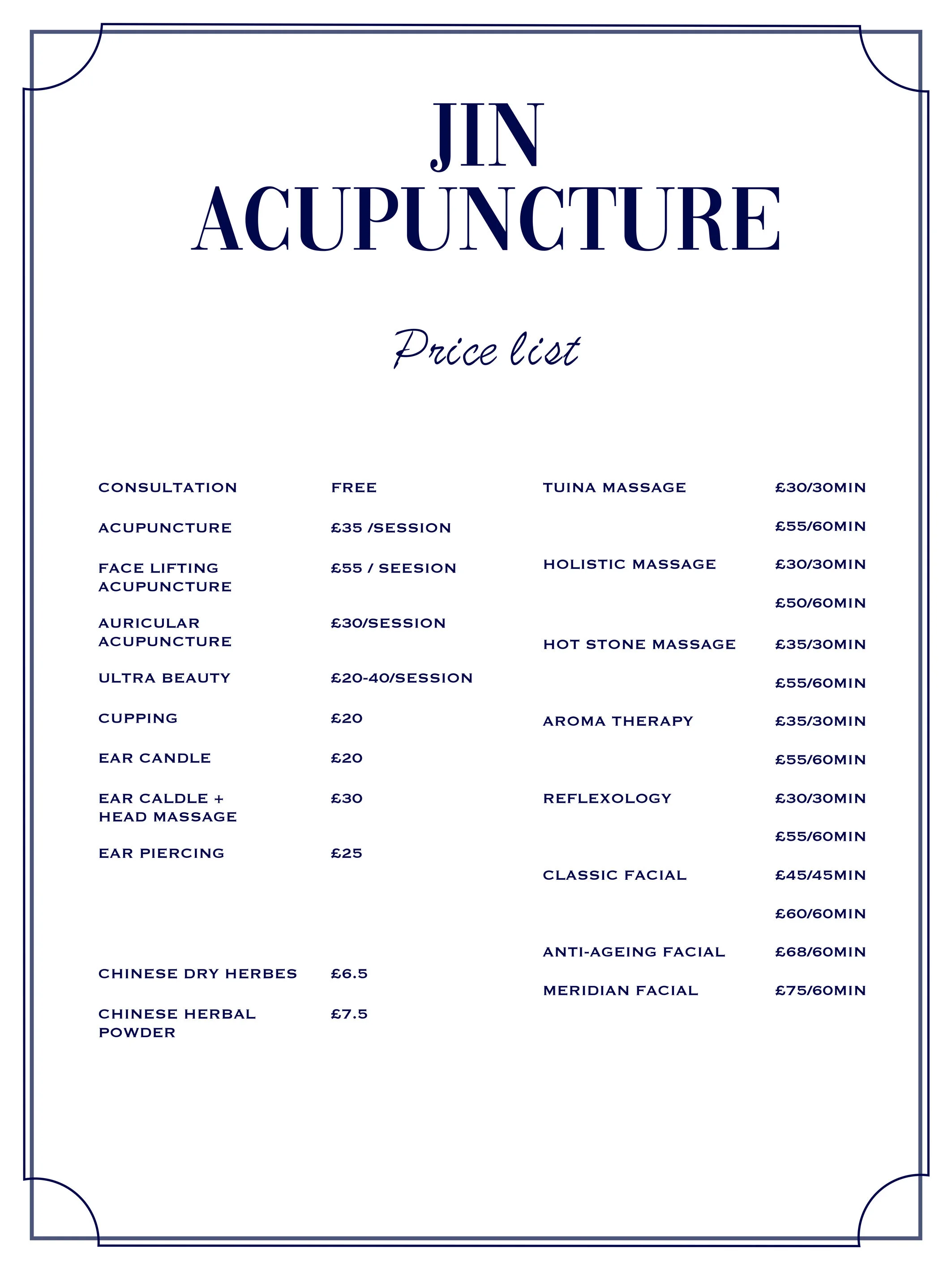 Price List Jin Acupuncture Price List Jin Acupuncture