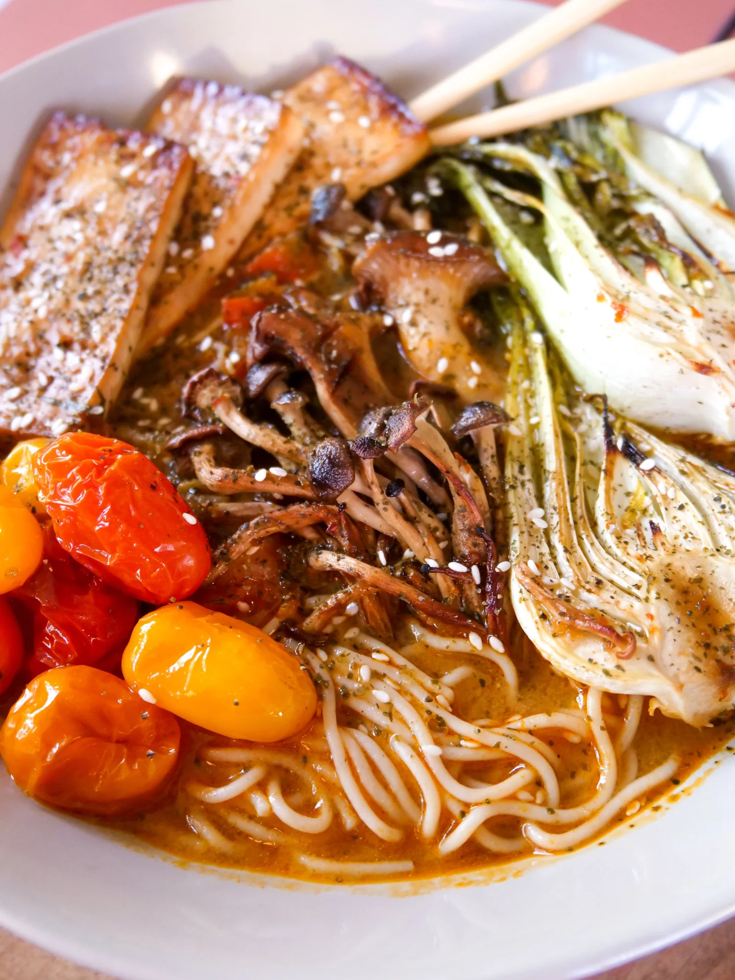 Triple Tomato Ramen With Oven Roasted Veggies (Vegan & Gluten Free)