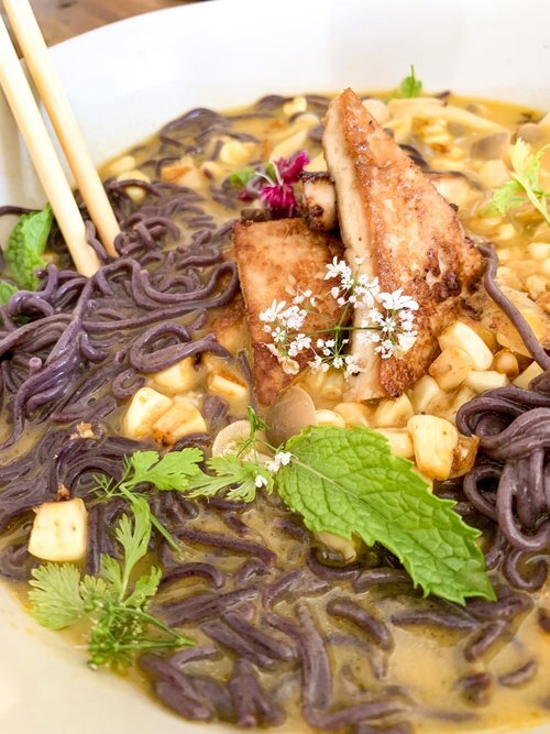 Coconut Mint Ramen with Seared Maple Tofu and Corn
