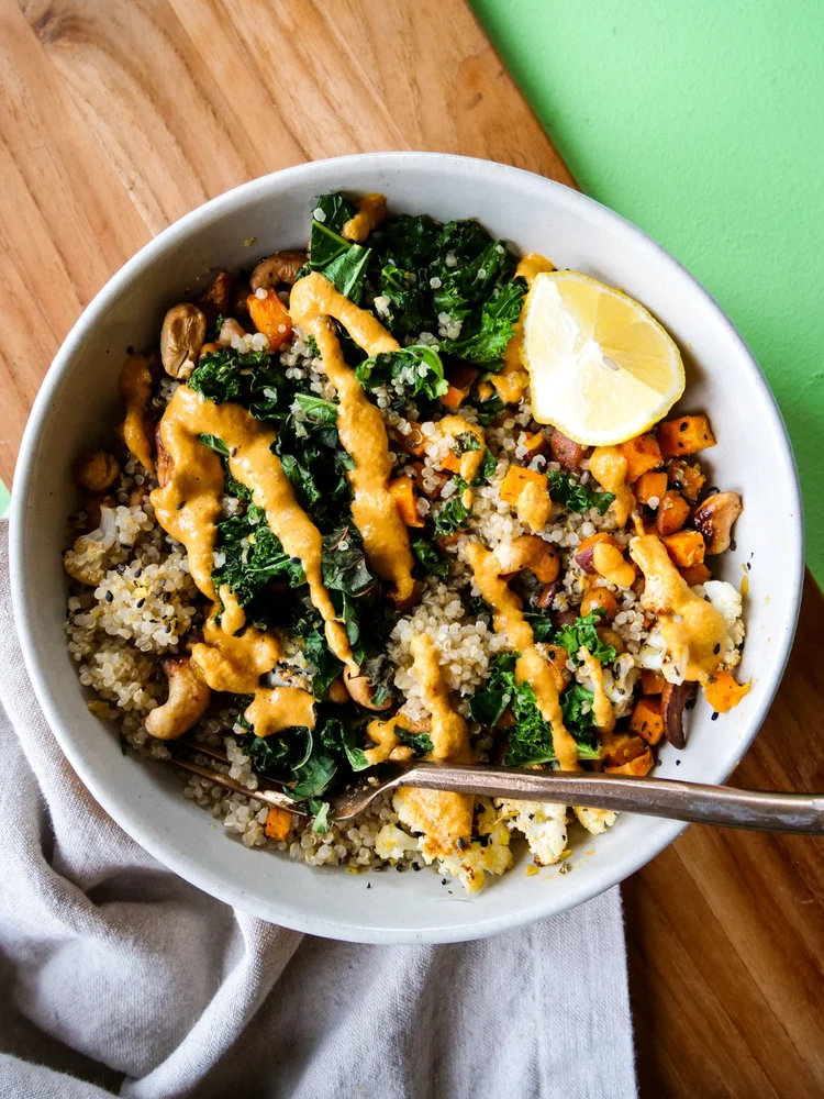 Warming Winter Grain Bowl with Roasted Red Pepper Sauce