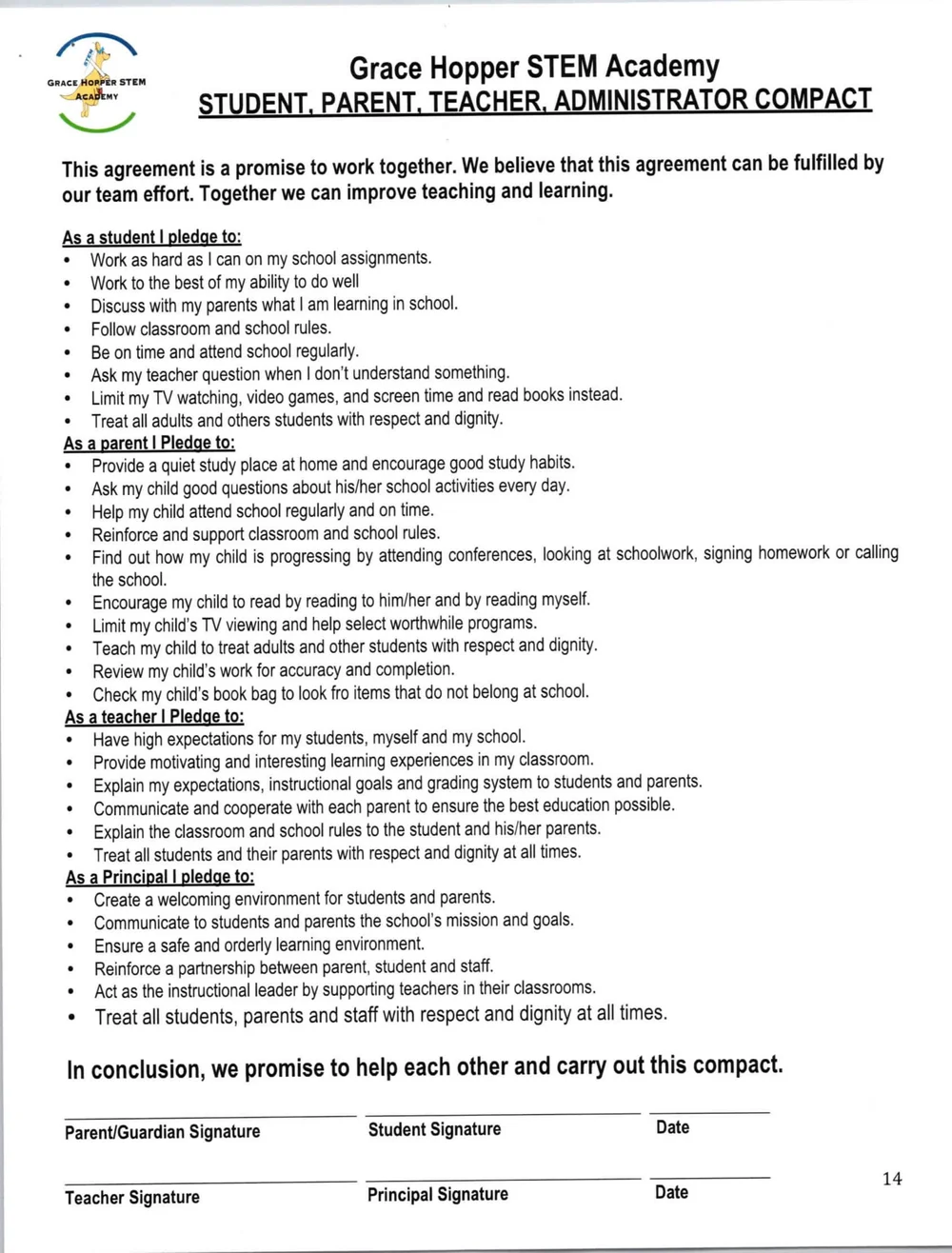 Parent Compact — Grace Hopper STEM Academy