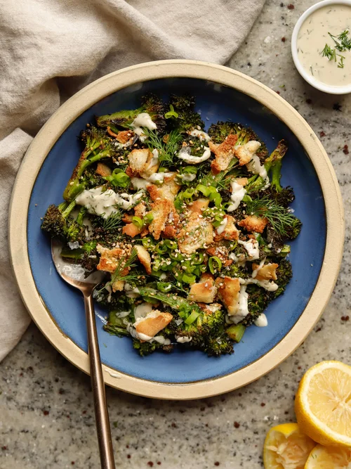 Crispy Broccoli with Vegan Tahini Ranch + Sesame Croutons — Kula's Kitchen