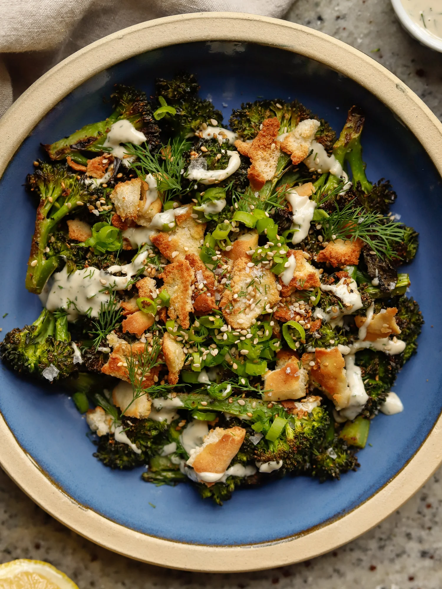 Crispy Broccoli with Vegan Tahini Ranch + Sesame Croutons — Kula's Kitchen