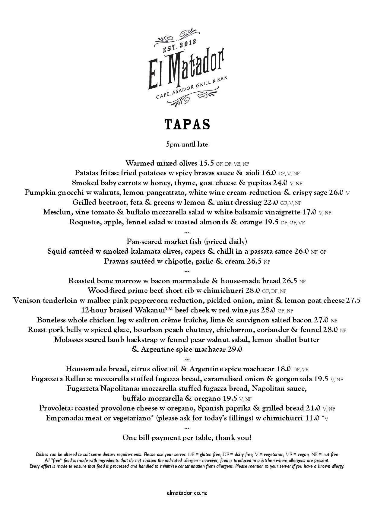 Menu 1 — El Matador