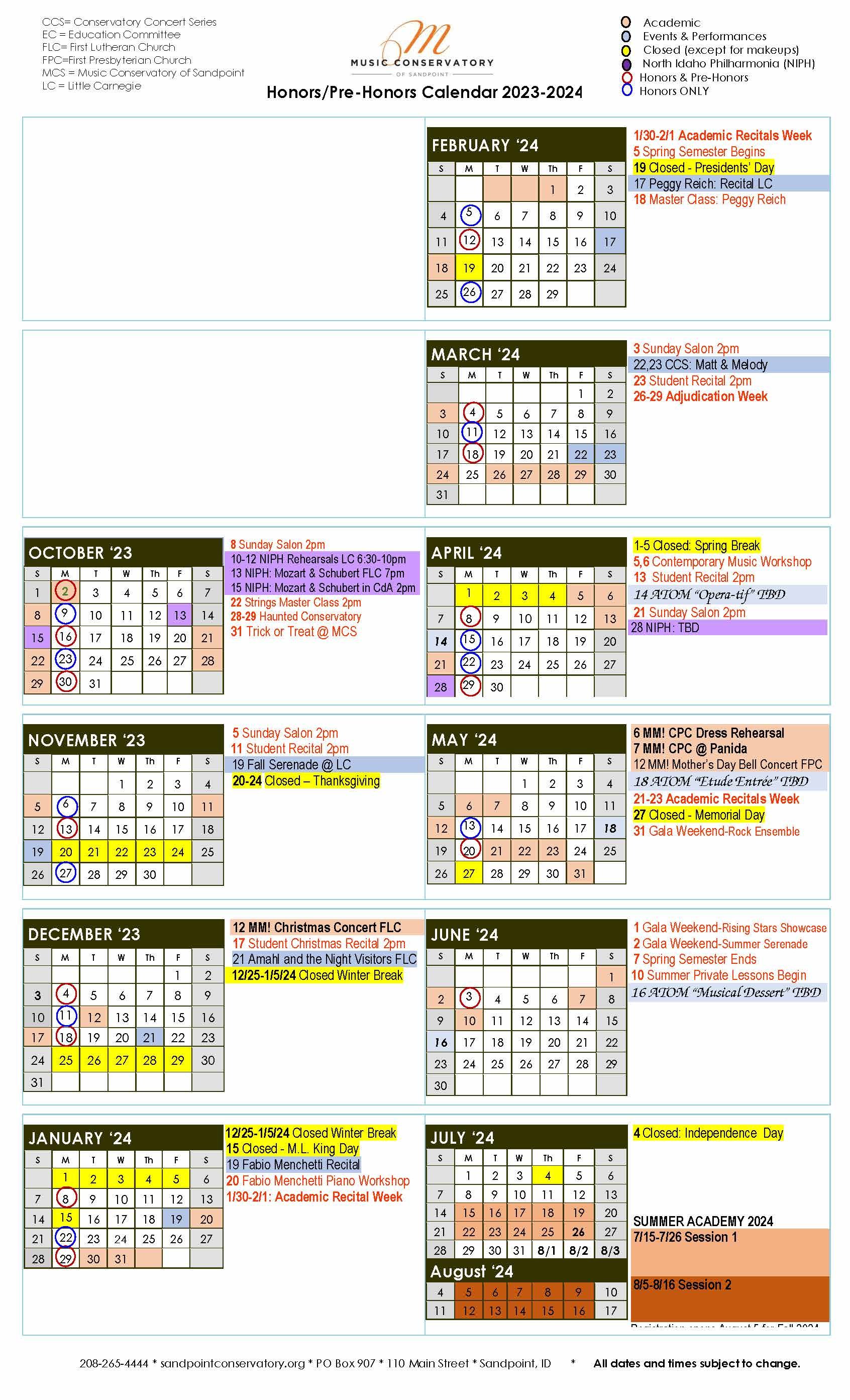 MCS Calendar — Music Conservatory of Sandpoint