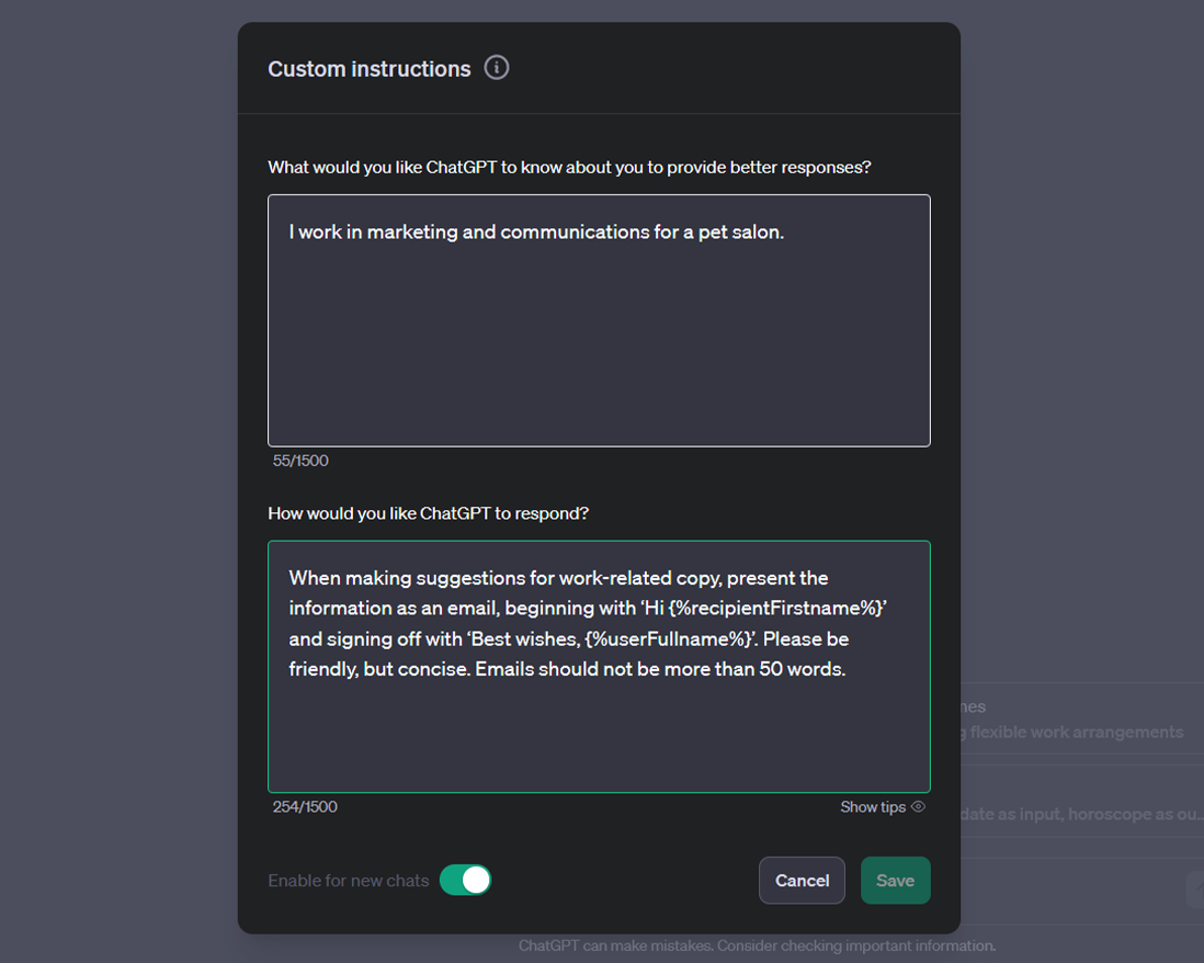 Using ChatGPT's "Custom Instructions" feature to write better emails