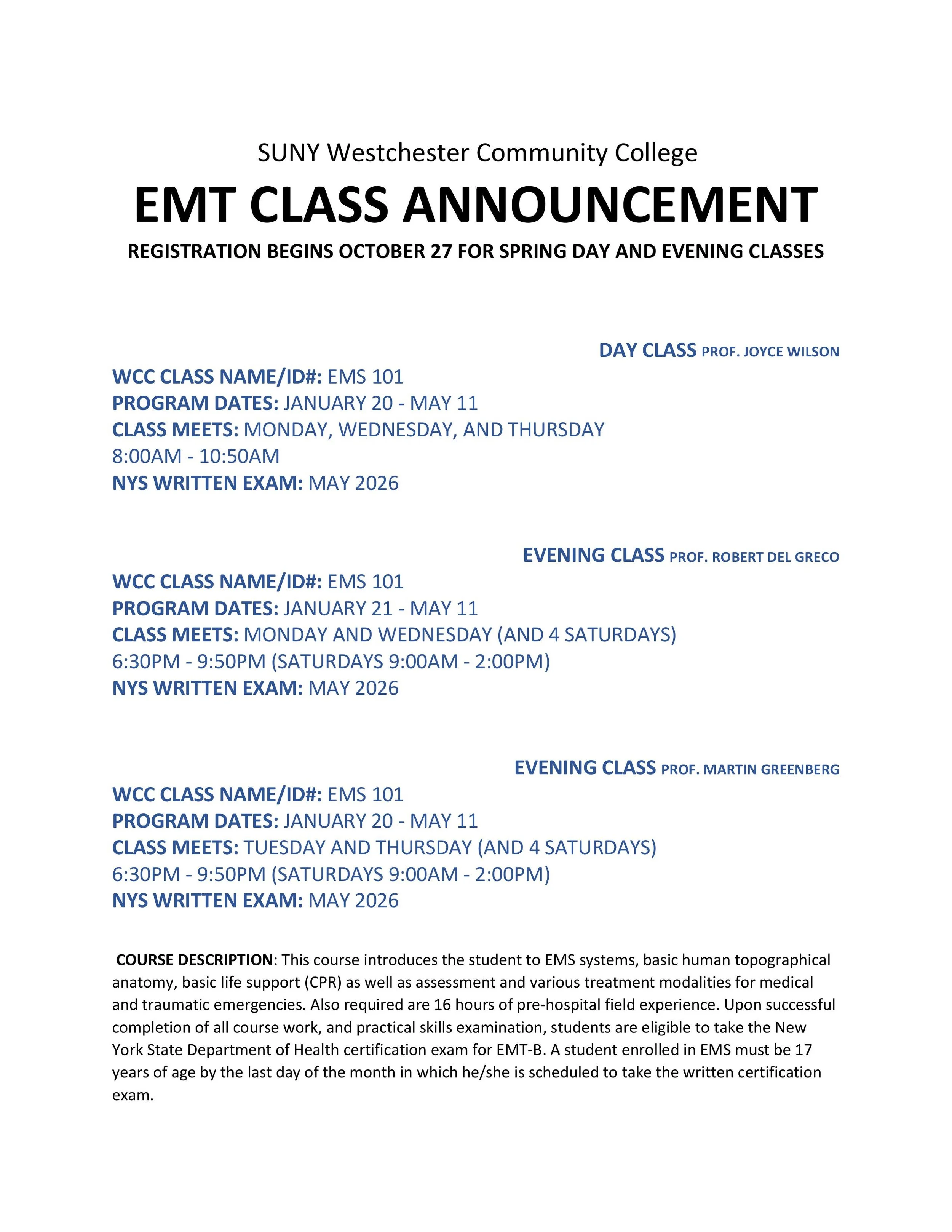 EMT Classes at Westchester Community College