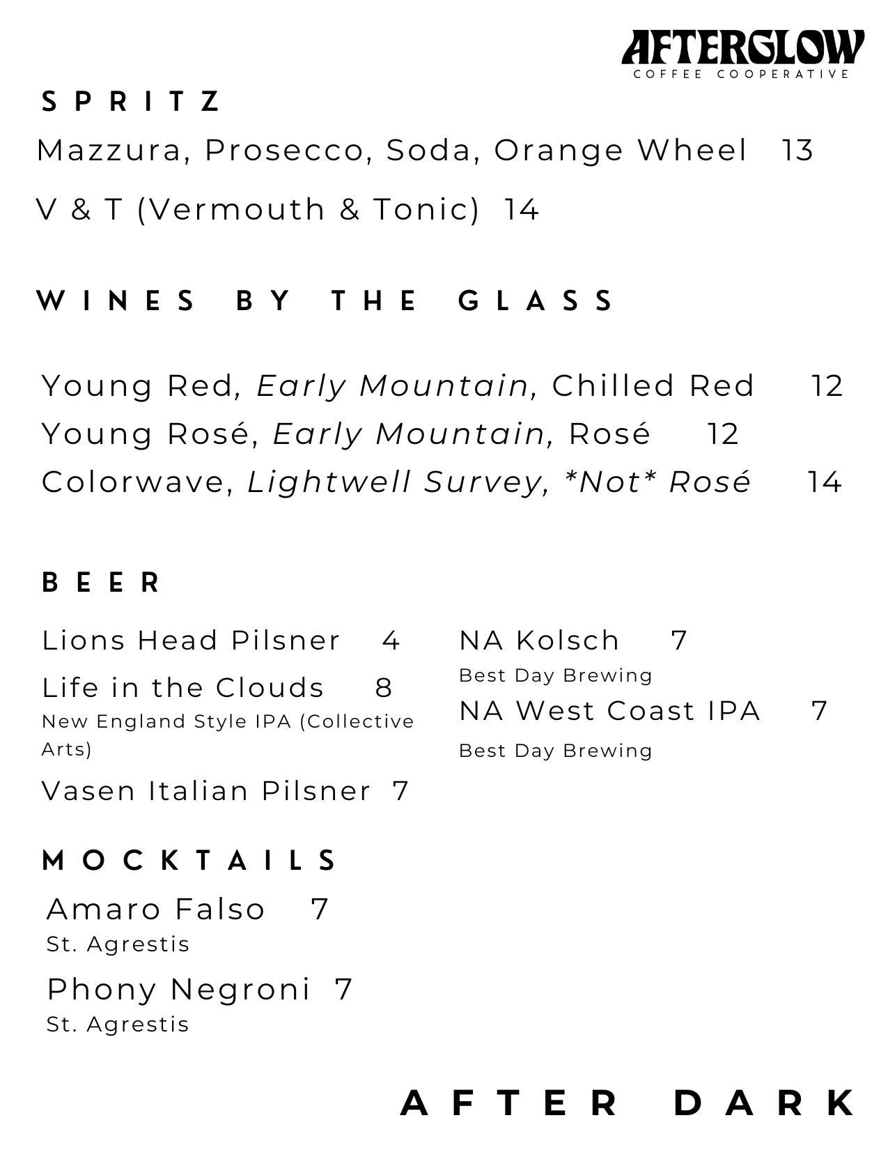 Menu — Afterglow Coffee Cooperative