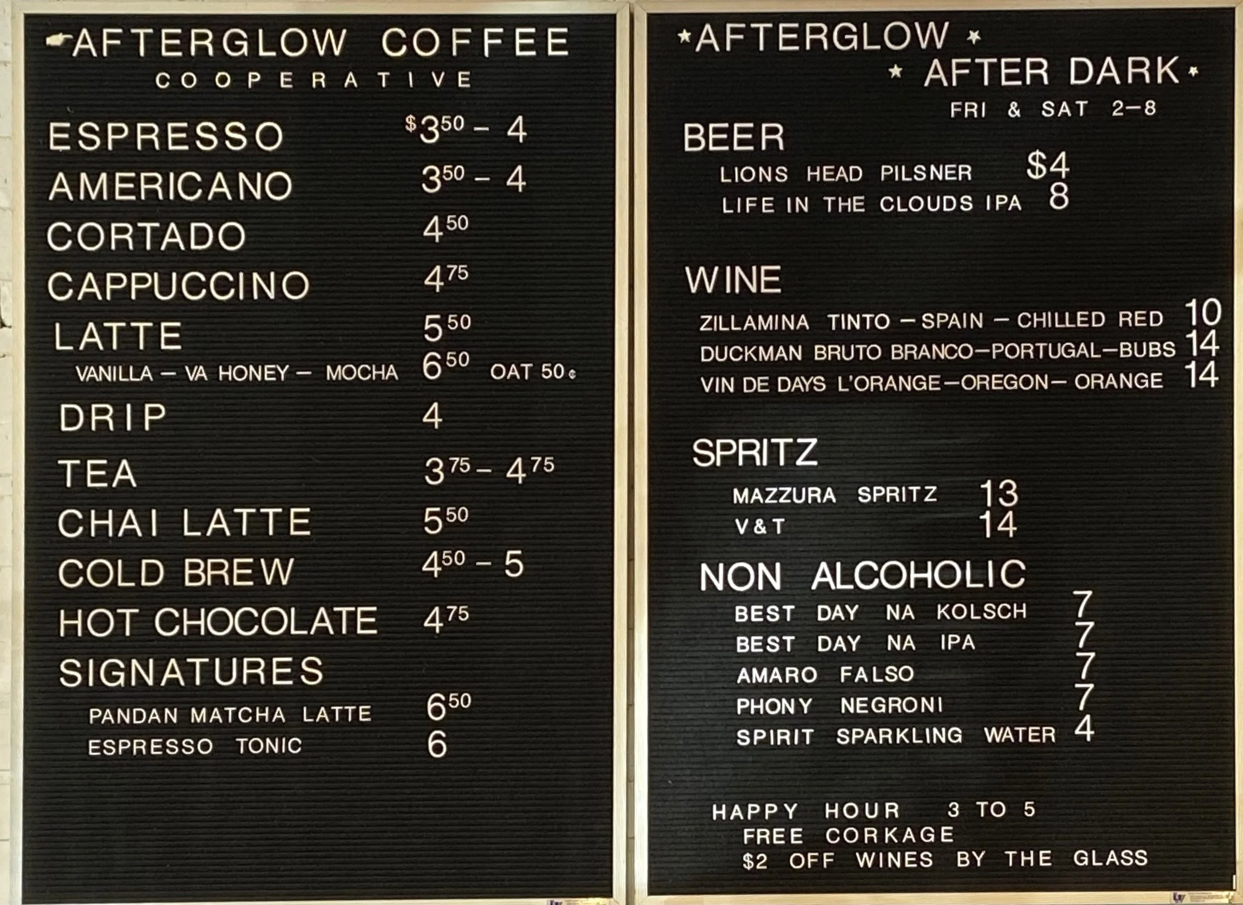 Menu — Afterglow Coffee Cooperative
