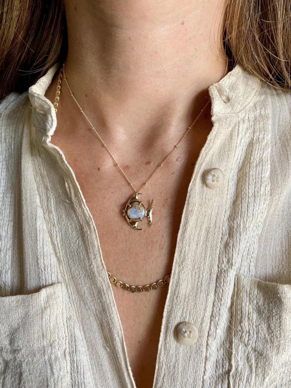 Australian opal and fossilized shark tooth pendant in 14k yellow gold ...