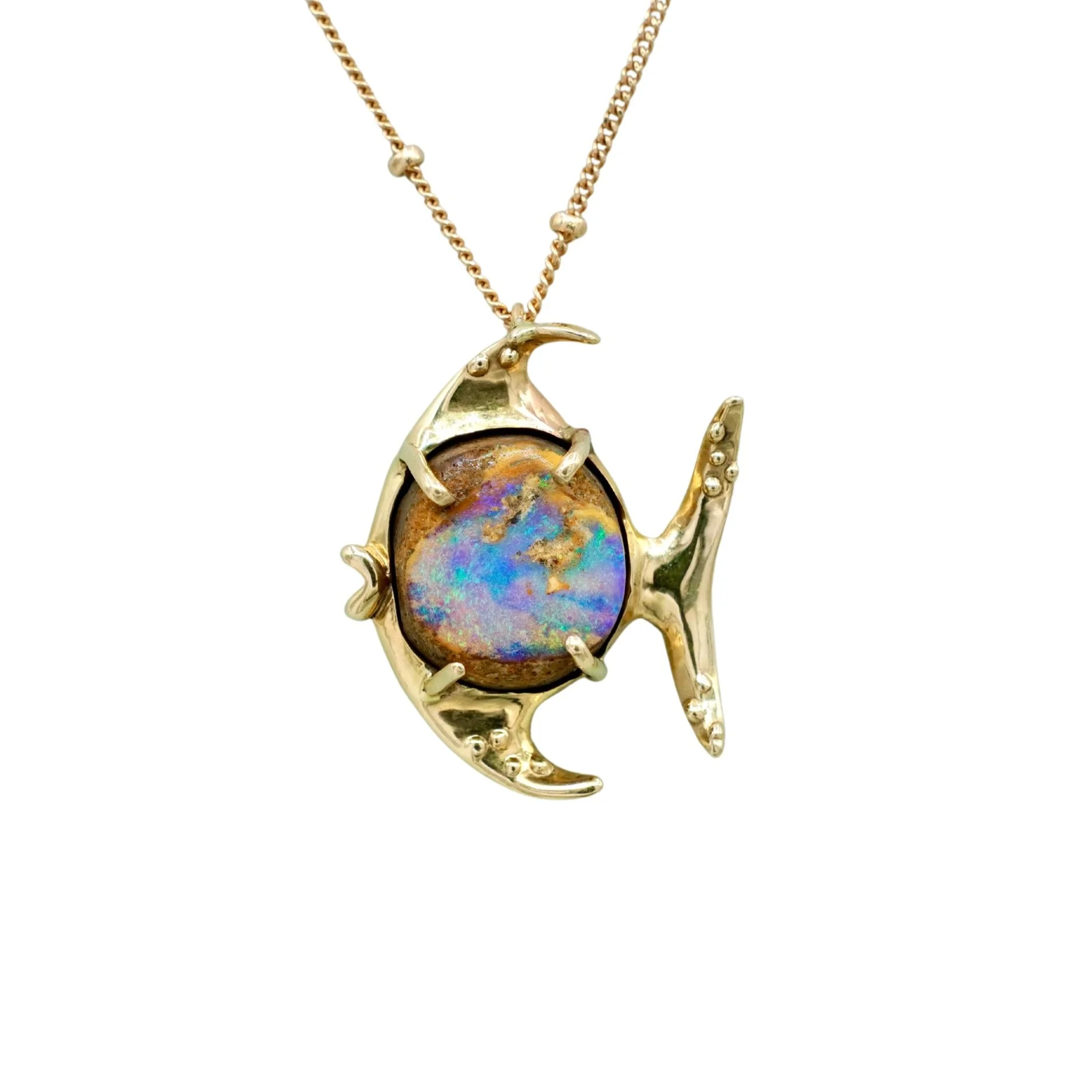 Australian opal and fossilized shark tooth pendant in 14k yellow gold ...