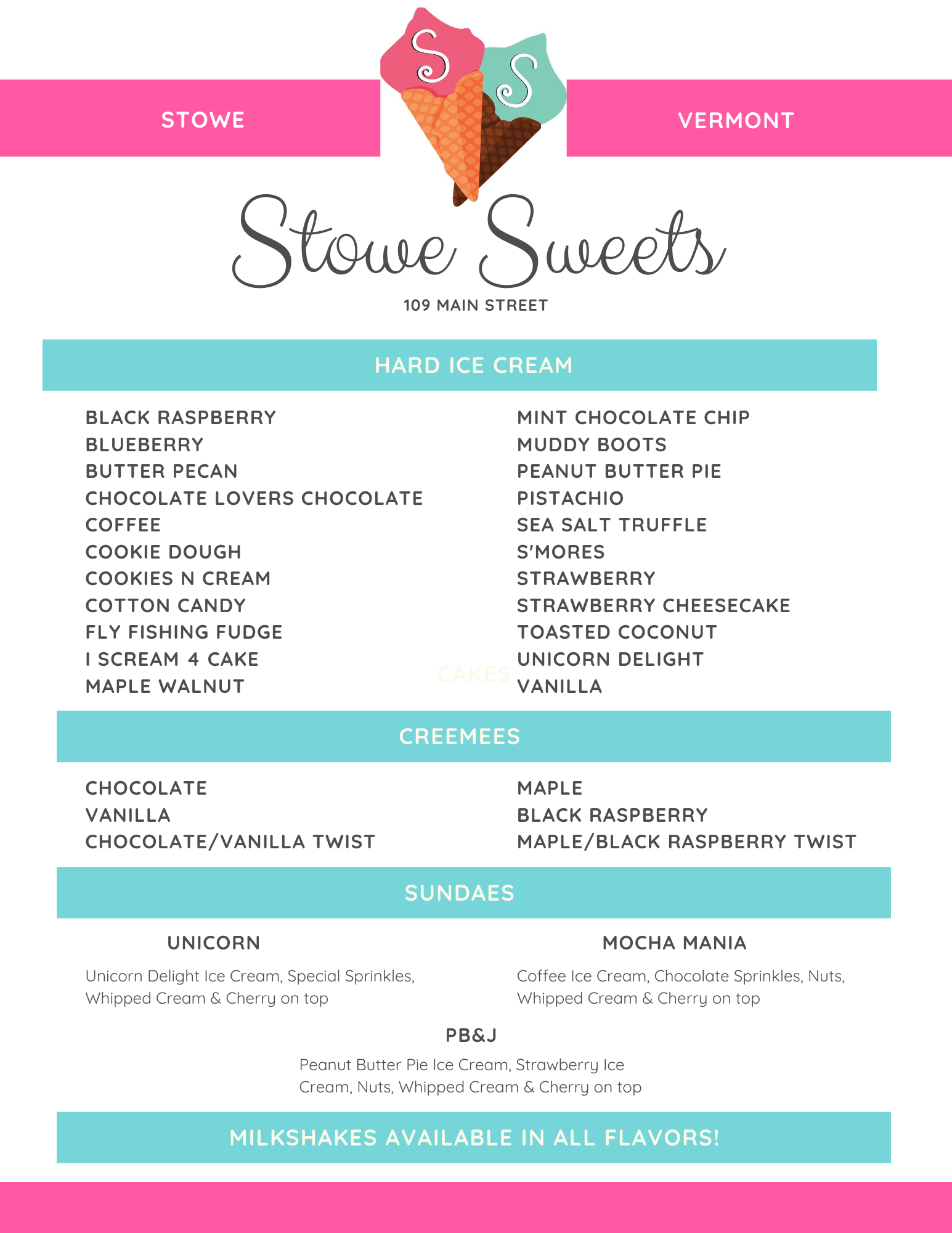 Menu — Stowe Sweets