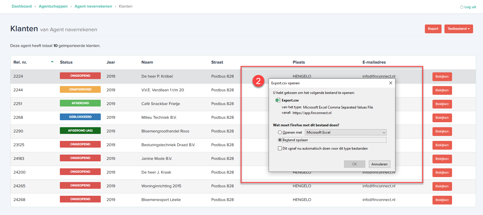 Naverrekenen export van de status van de naverrekening — Finly