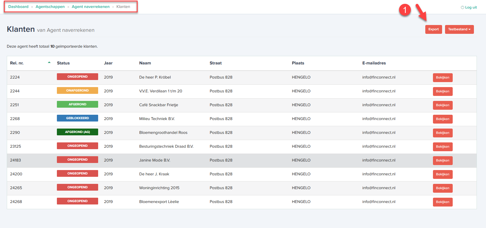 Naverrekenen export van de status van de naverrekening — Finly