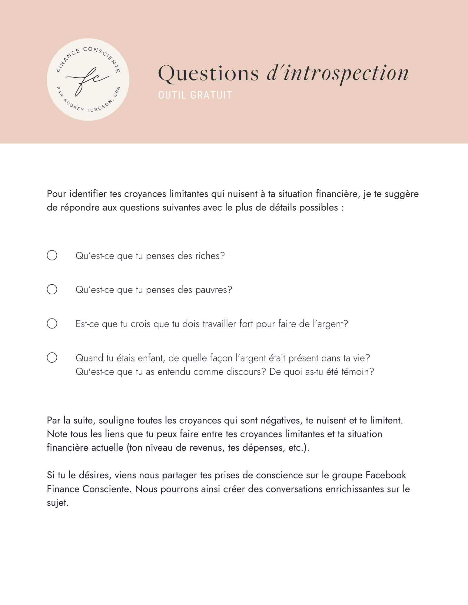 Outil gratuit - Questions d'introspection — Finance Consciente