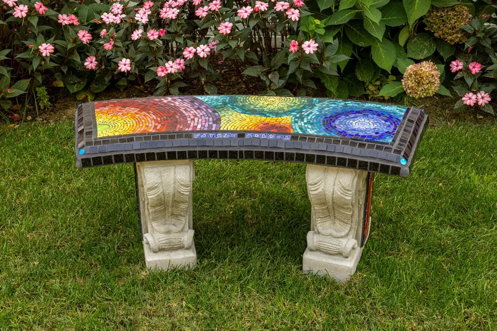 mosaic garden benches — brendapokornymosaics.com