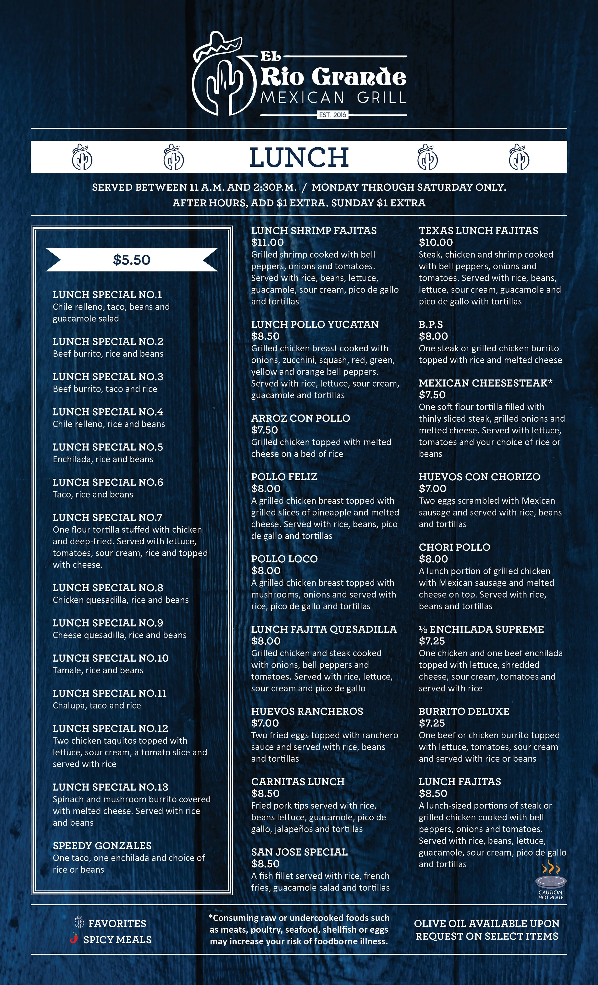 Menu — El Rio Grande Mexican Restaurant