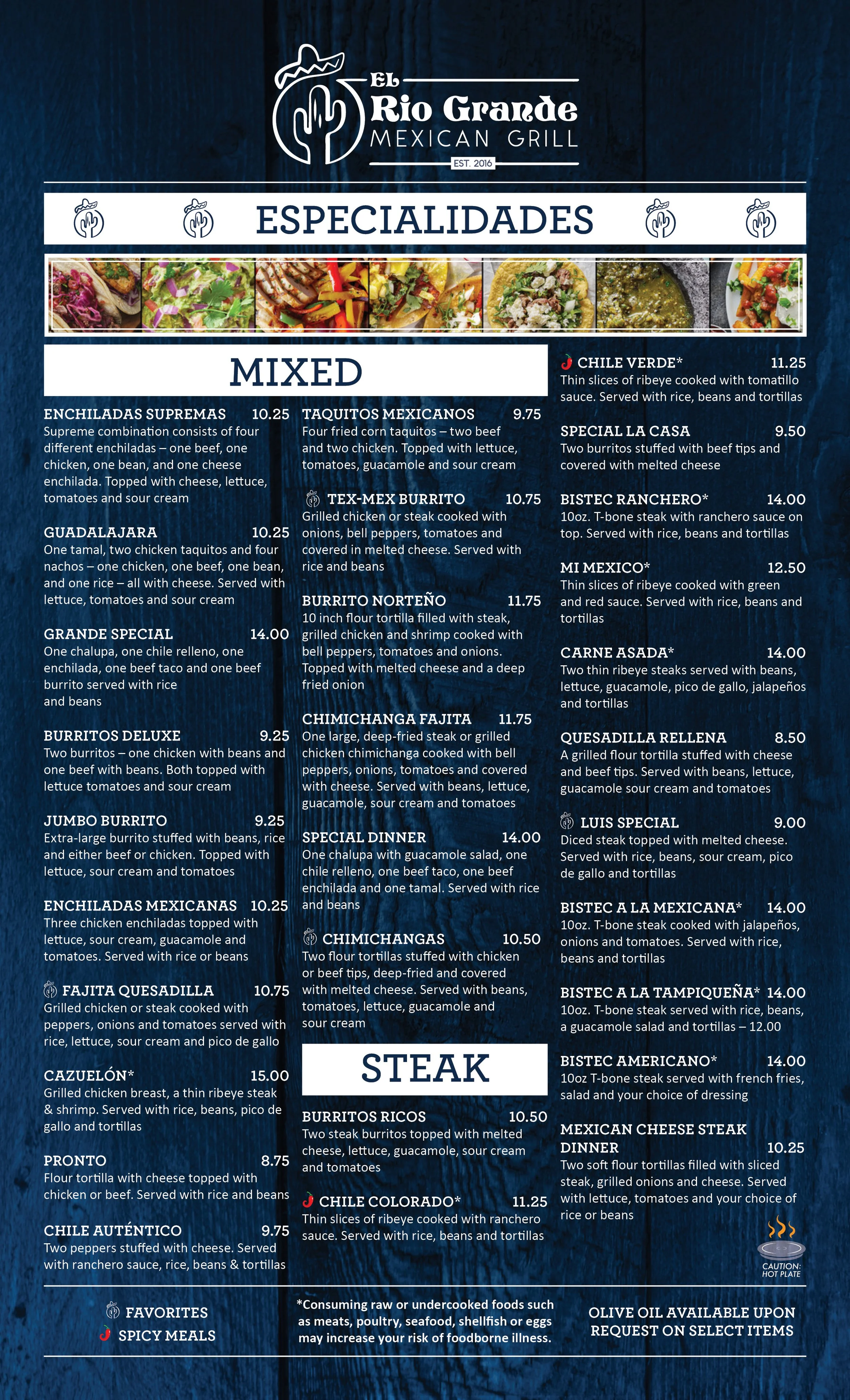 Menu — El Rio Grande Mexican Restaurant