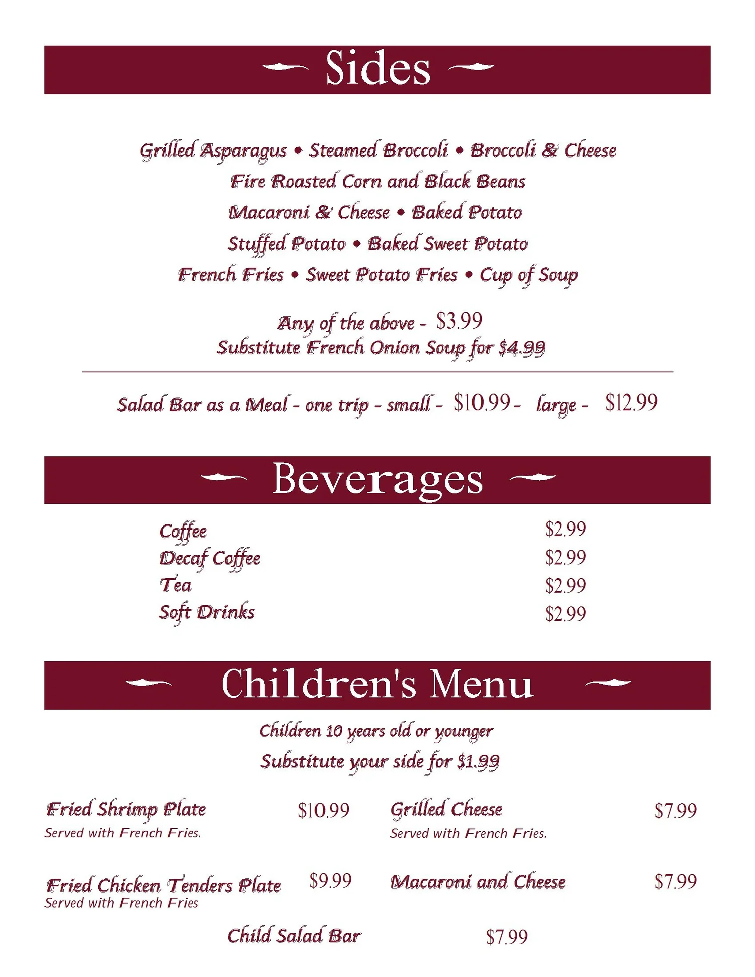 Menu — Heaths Steakhouse