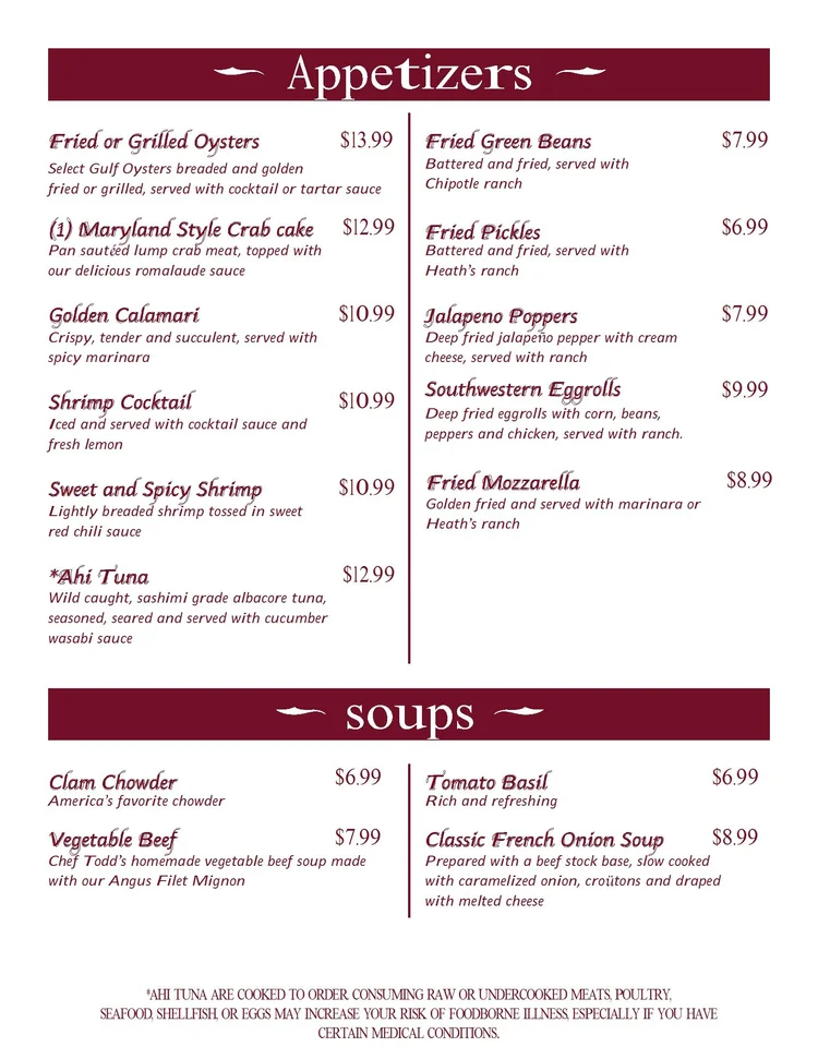 Menu — Heaths Steakhouse