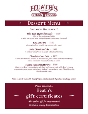 Menu — Heaths Steakhouse