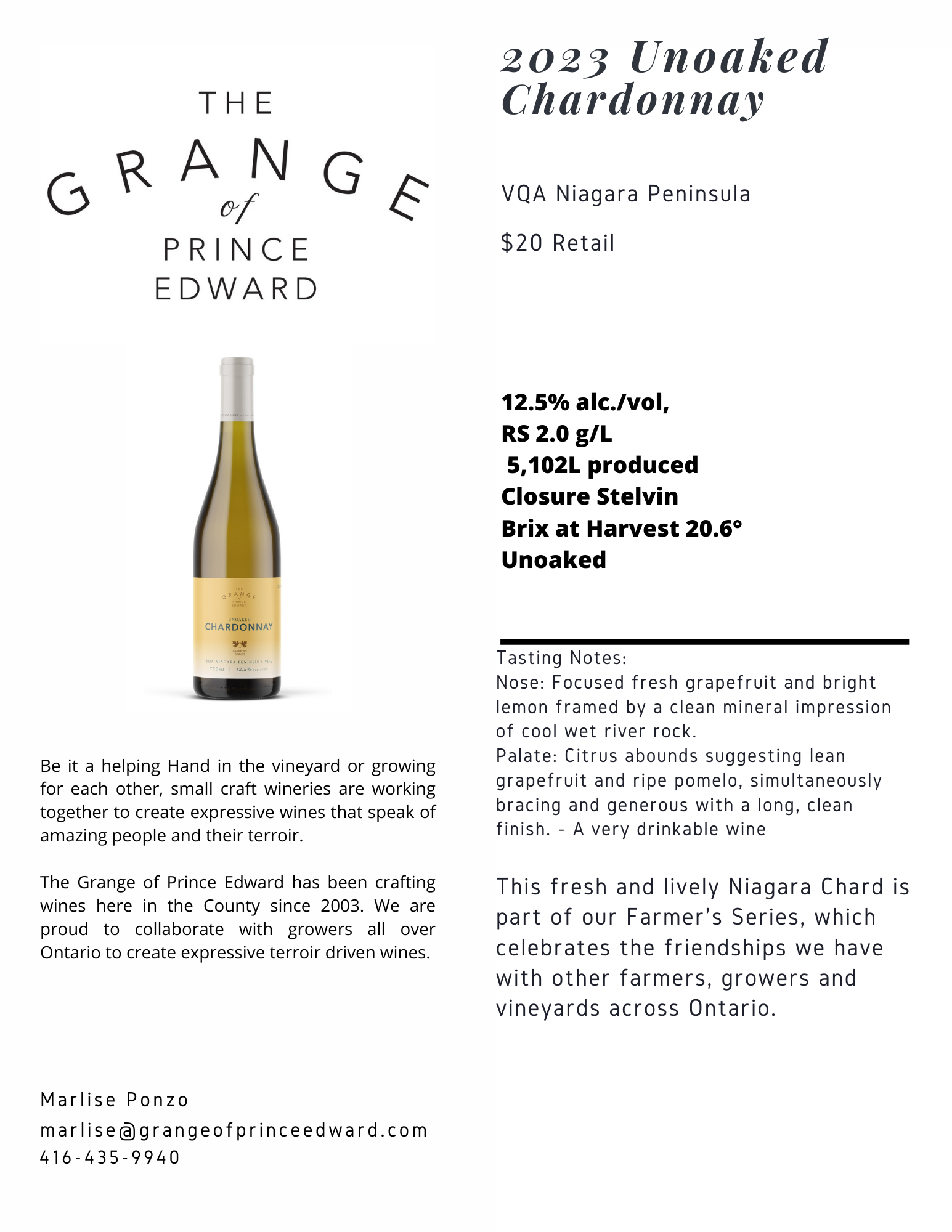 Tech Sheets — Grange of Prince Edward Winery