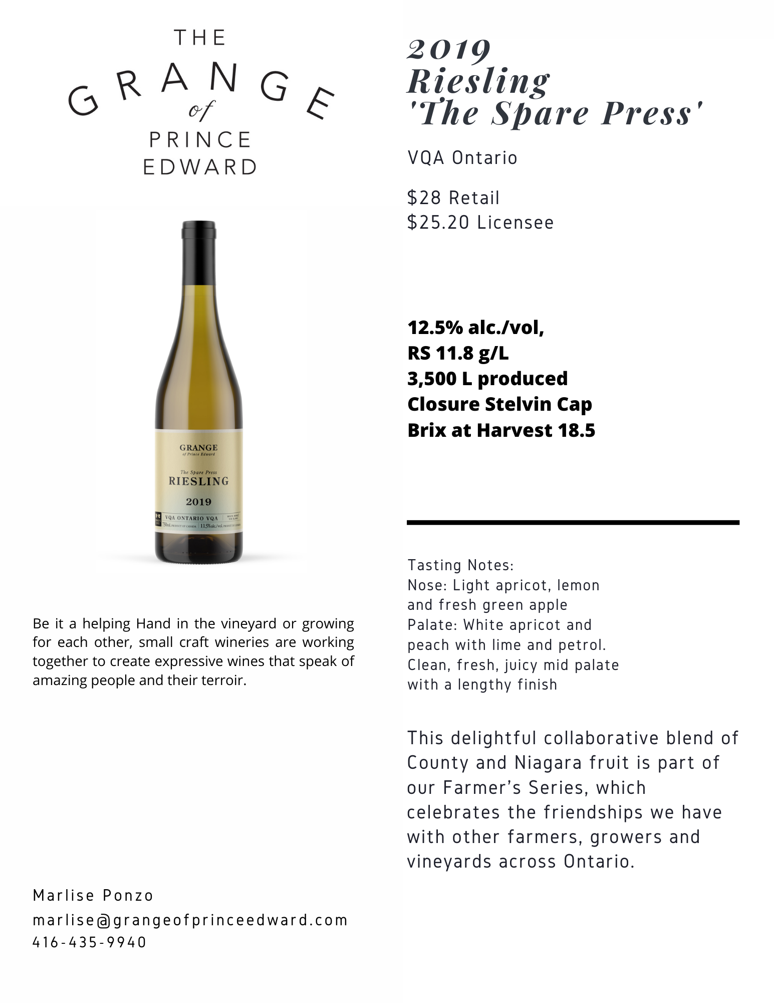 Tech Sheets — Grange of Prince Edward Winery